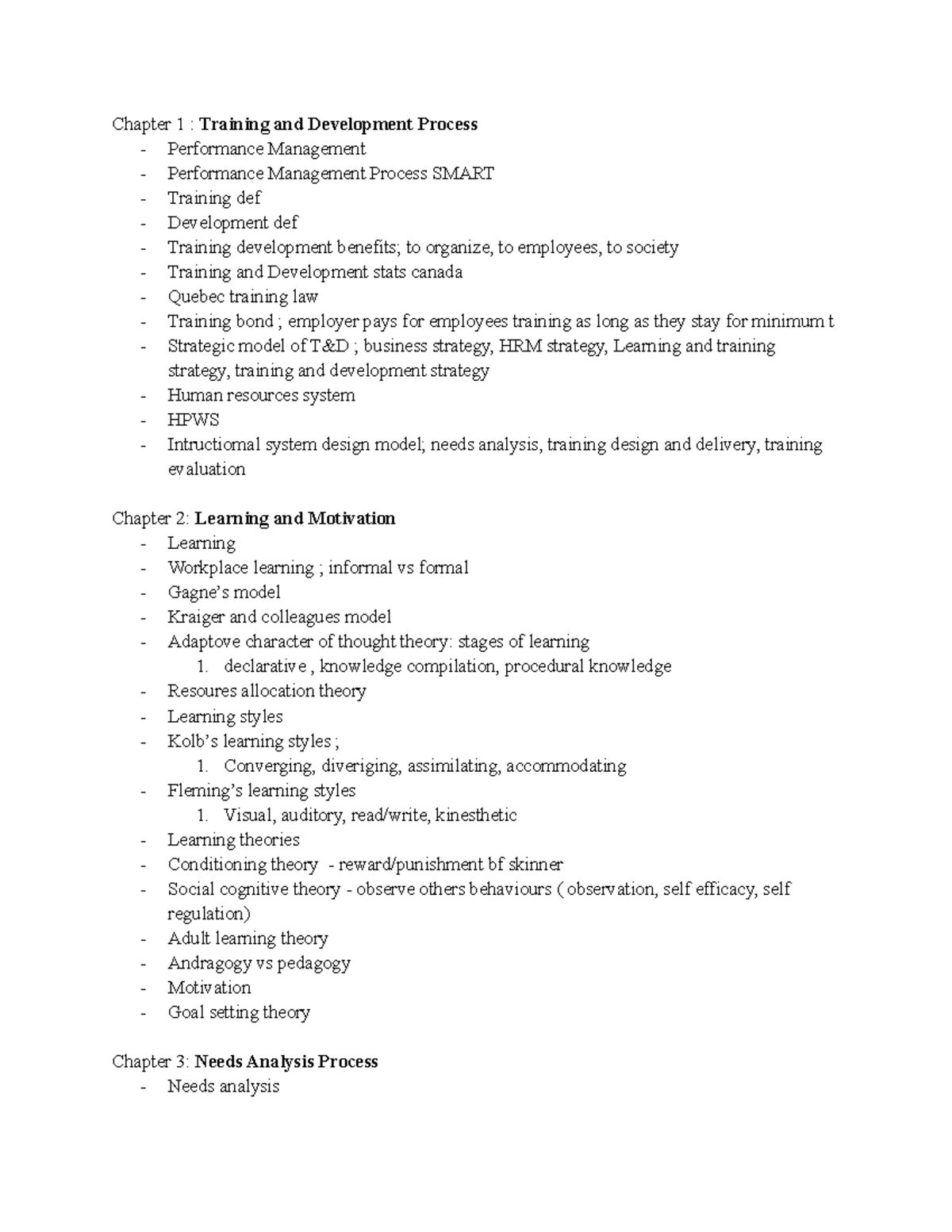 Mhr733 important quiz topics - Chapter 1 : Training and Development Process - Performance ...