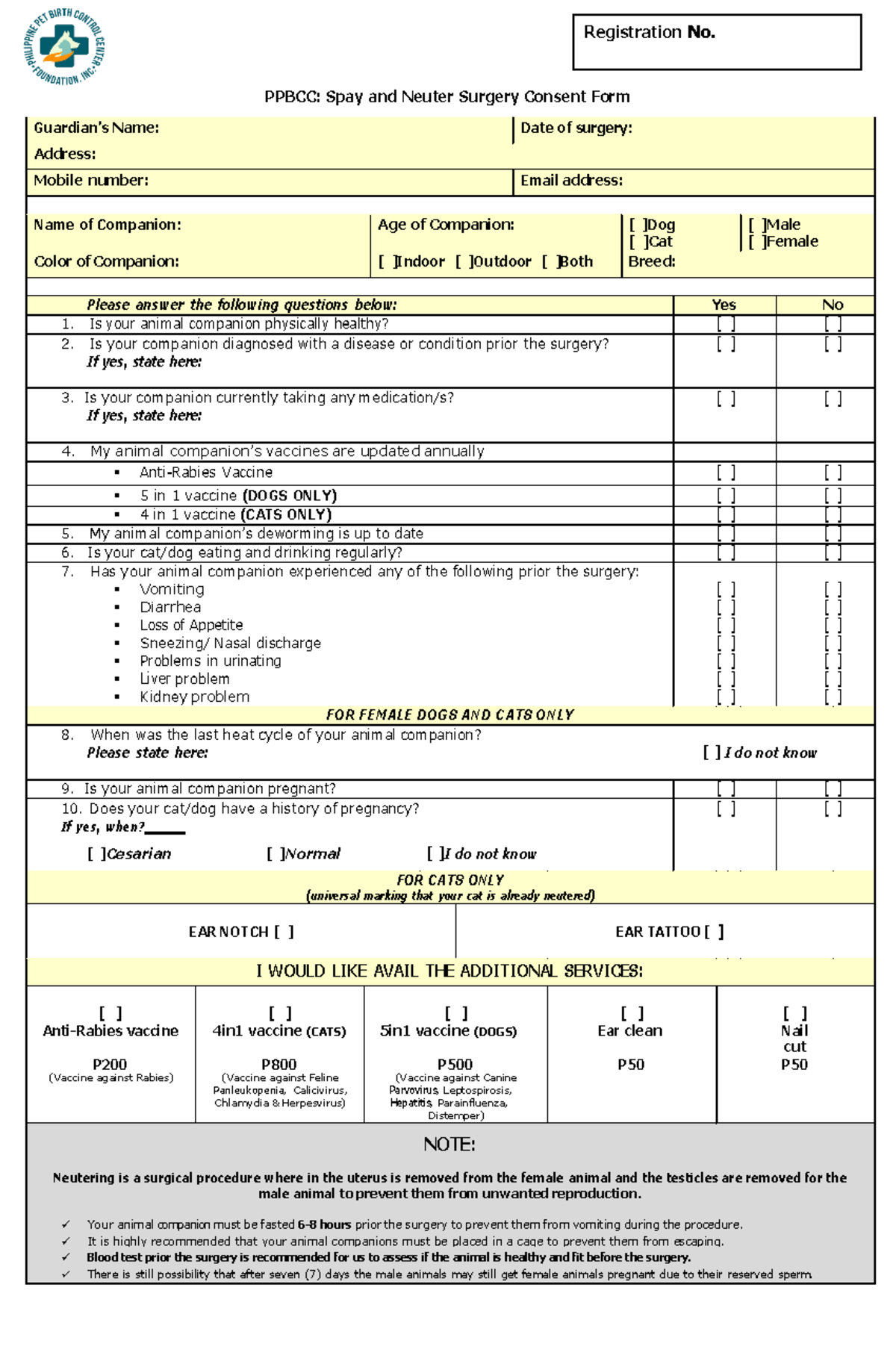 Consent and Waiver Form 2022 - Registration No. PPBCC: Spay and Neuter ...