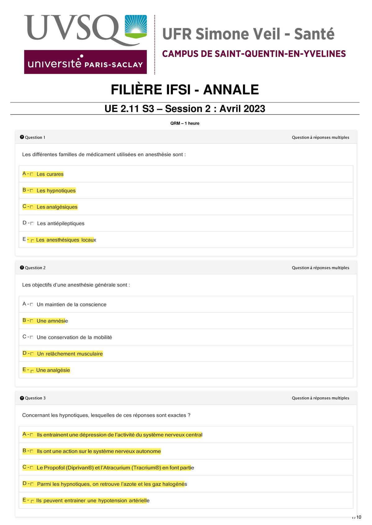 S3 - UE 2.11 2023 corriger - Question 1 Question à réponses multiples Question 2 Question à ...