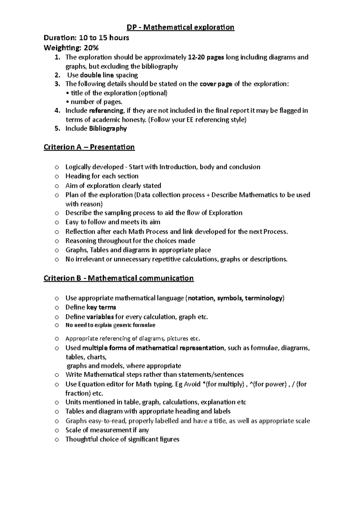 IA Checklist practice material - DP - Mathematical exploration Duration ...