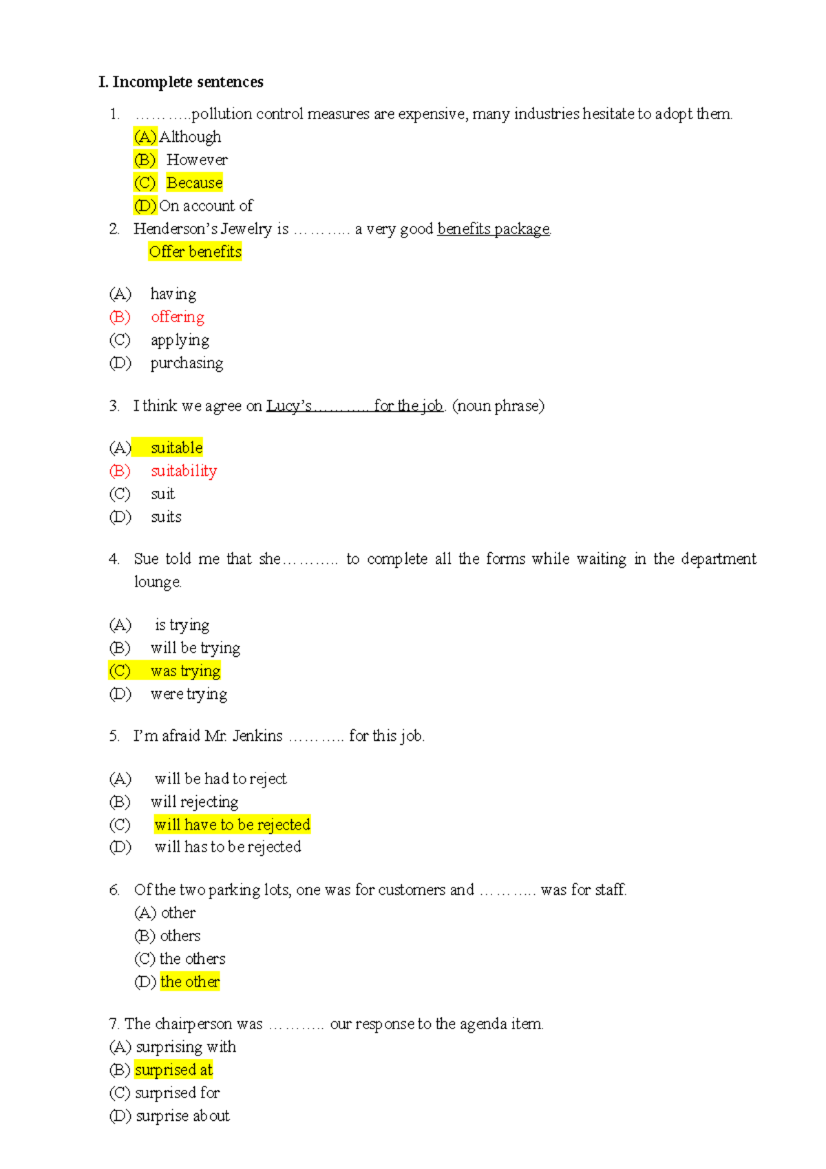 Revision - I. Incomplete sentences .......... control measures are ...