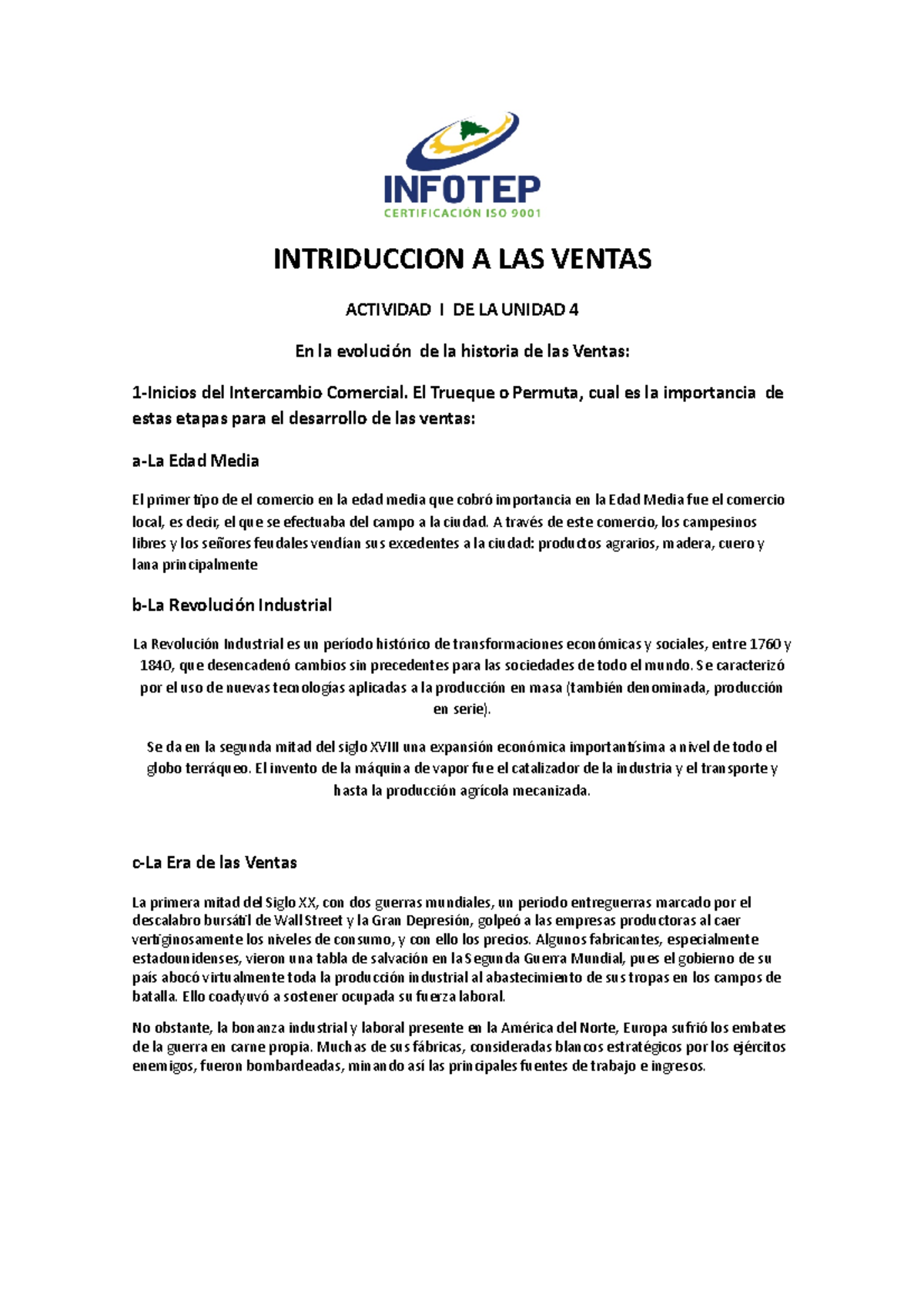 Actividad I Unidad 4- Curso DE Ventas - Informática I - UASD - Studocu