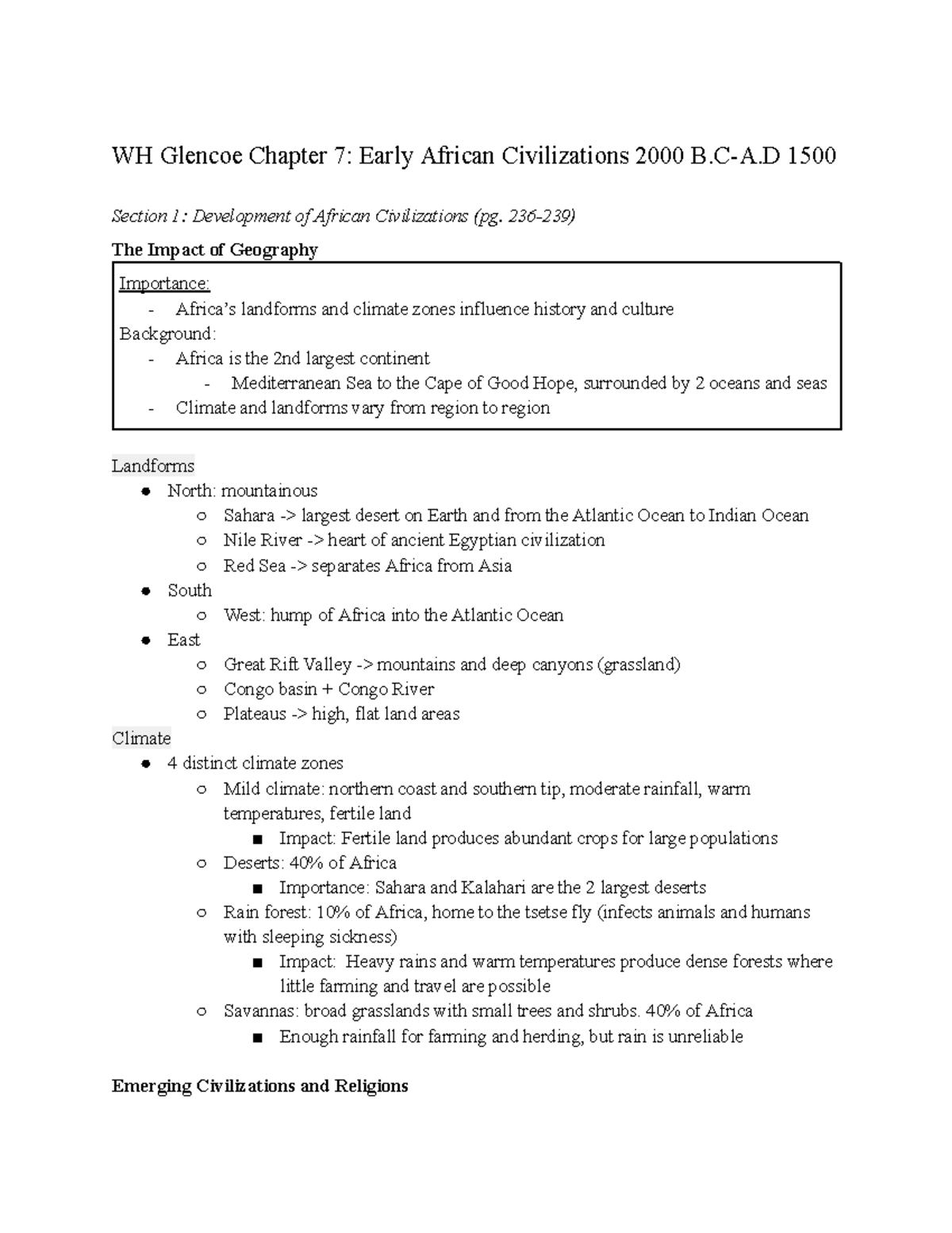 WH Chapter 7 Notes - WH Glencoe Chapter 7: Early African Civilizations ...
