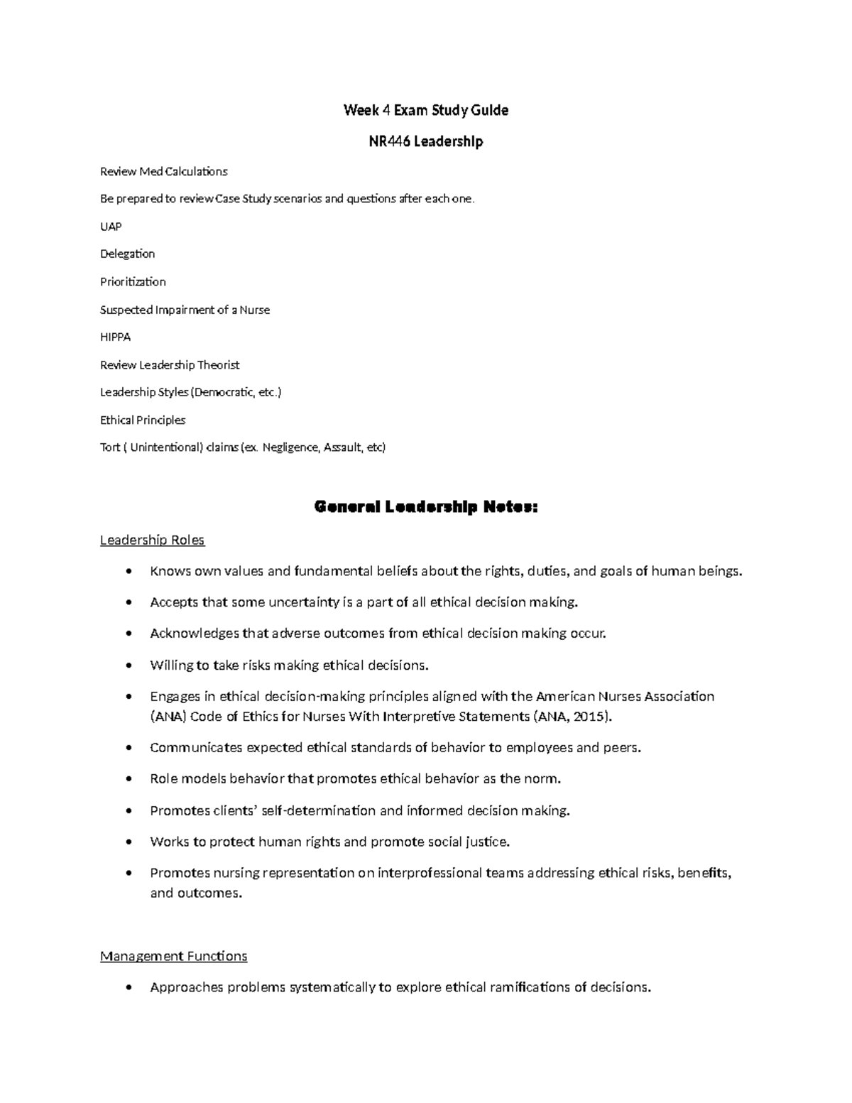 Week 4 NR446 Study Guide - Week 4 Exam Study Guide NR446 Leadership ...