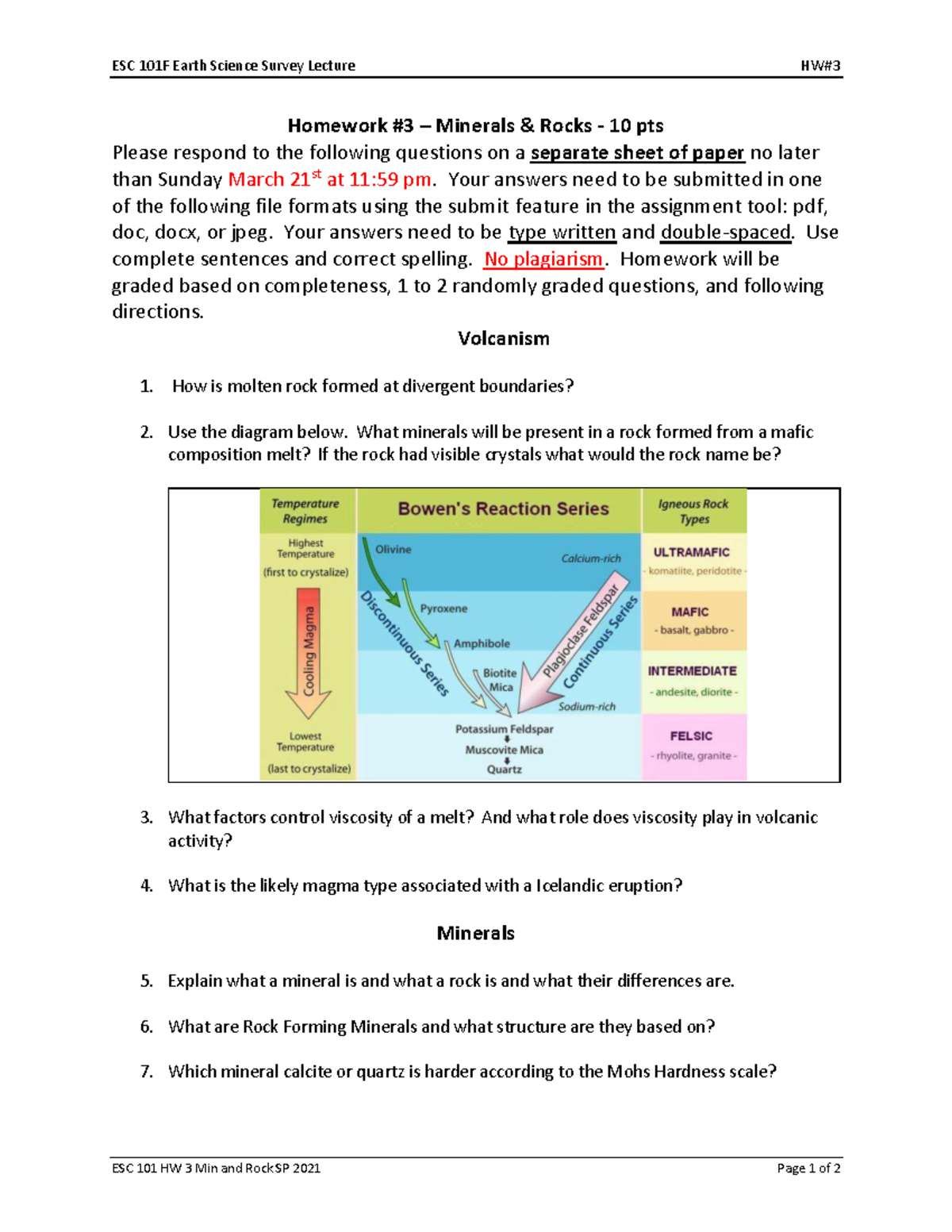 ESC 101 HW 3 Min and Rock SP 2021 - ESC 10 1 F Earth Science Survey Lecture HW# ESC 101 HW 3 Min ...