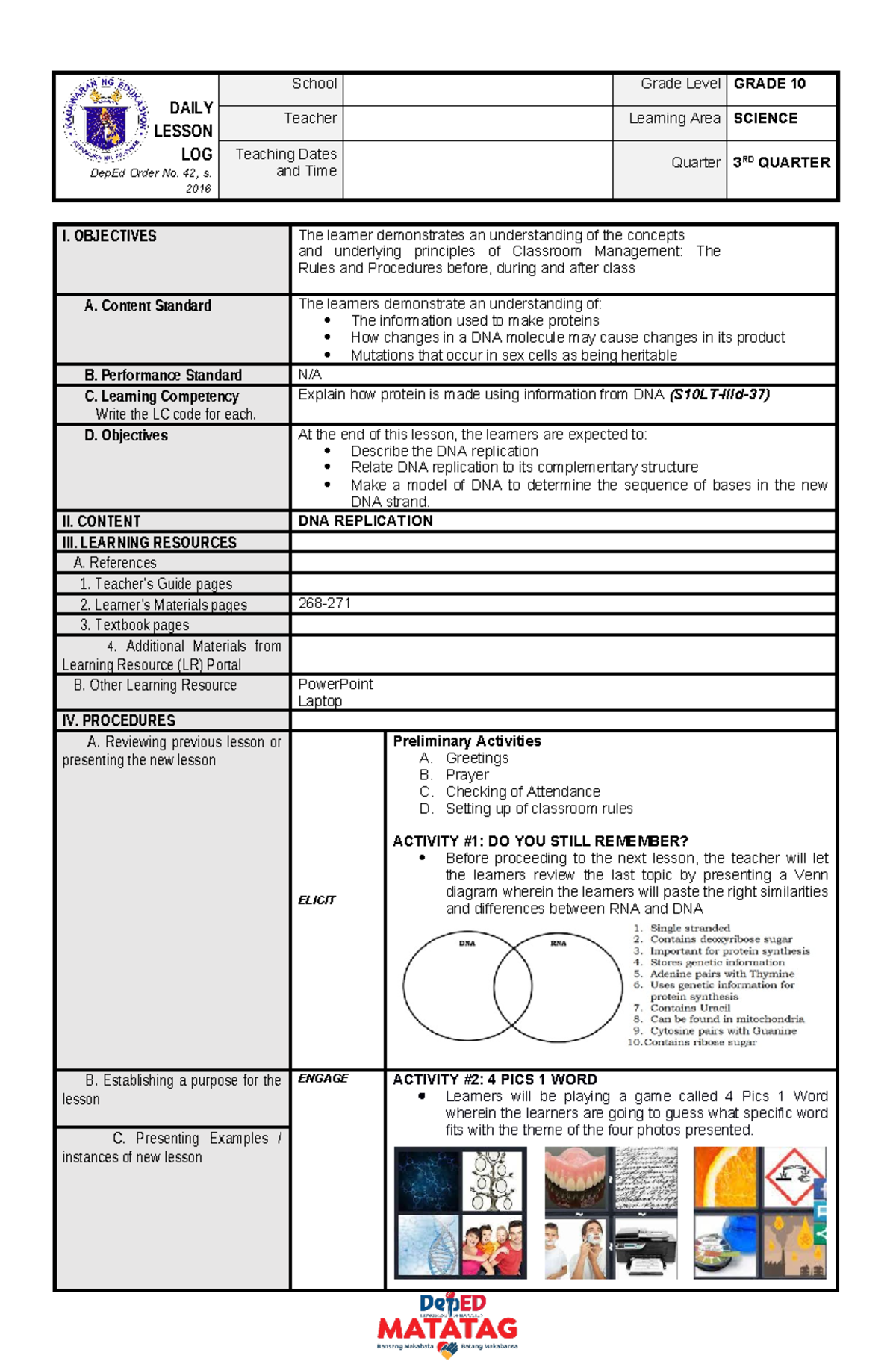 2. DNA Replication - DAILY LESSON LOG DepEd Order No. 42, s. 2016 ...