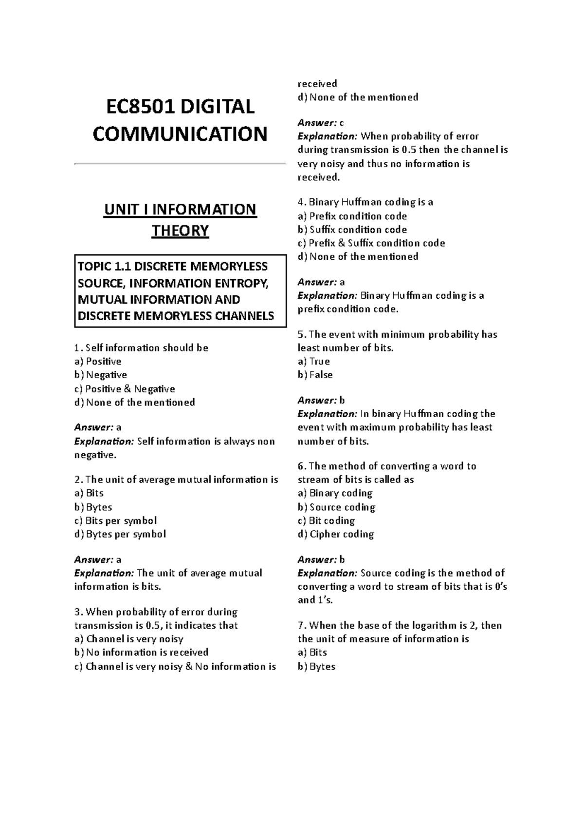 EC8501 Digital Communication - EC8501 DIGITAL COMMUNICATION UNIT I INFORMATION THEORY TOPIC 1 ...