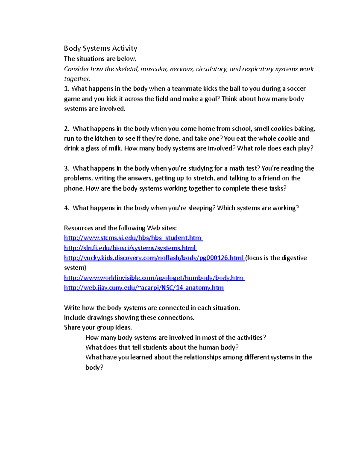 Body systems activity - Body Systems Activity The situations are below ...