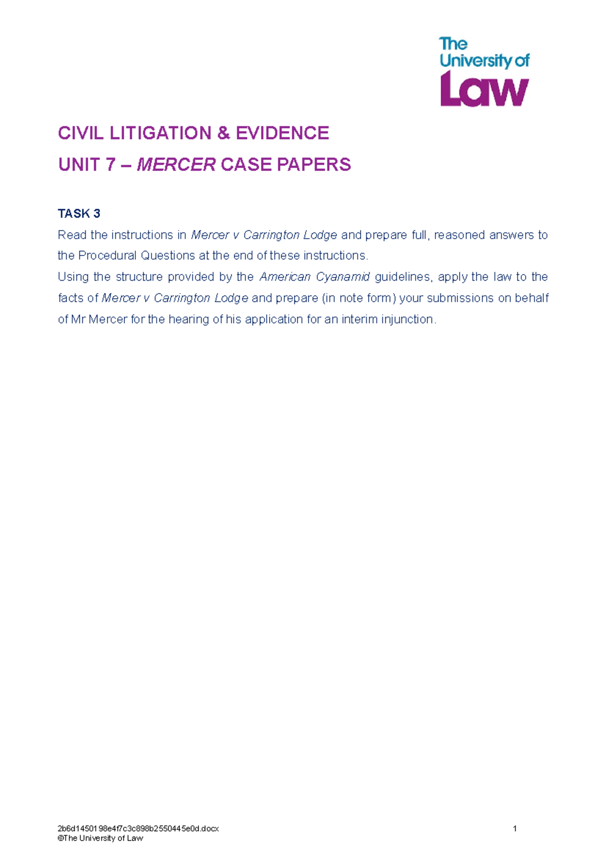 Mercer Case Papers - CIVIL LITIGATION & EVIDENCE UNIT 7 – MERCER CASE ...