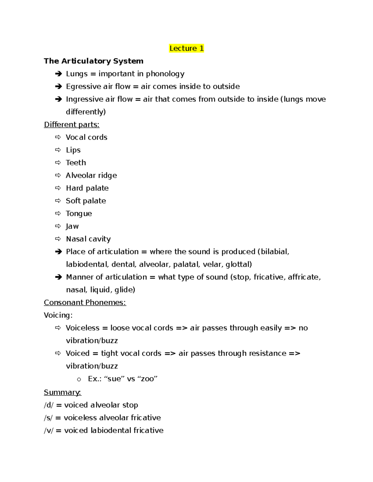 Lectures - Notes on lecture - Lecture 1 The Articulatory System Lungs ...