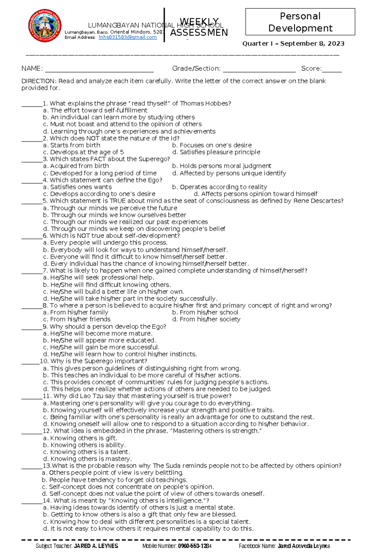 PD Weekly Test - UCSP Summative Test - Personal Development WEEKLY ...
