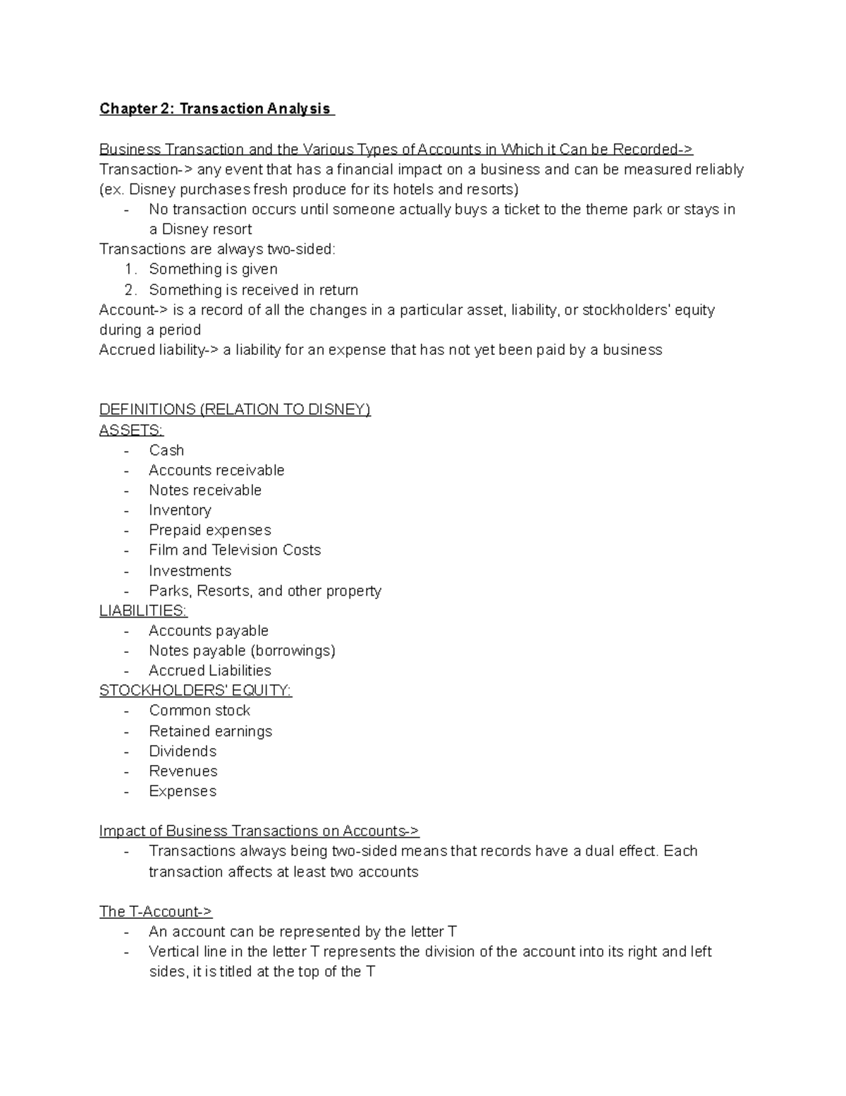 Chapter 2 Notes - Chapter 2: Transaction Analysis Business Transaction ...