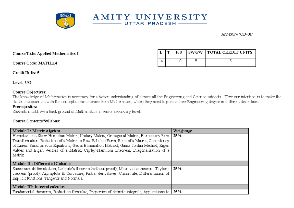 MATH114 - Applied Mathematics- I - Annexure ‘CD-01’ Course Title ...