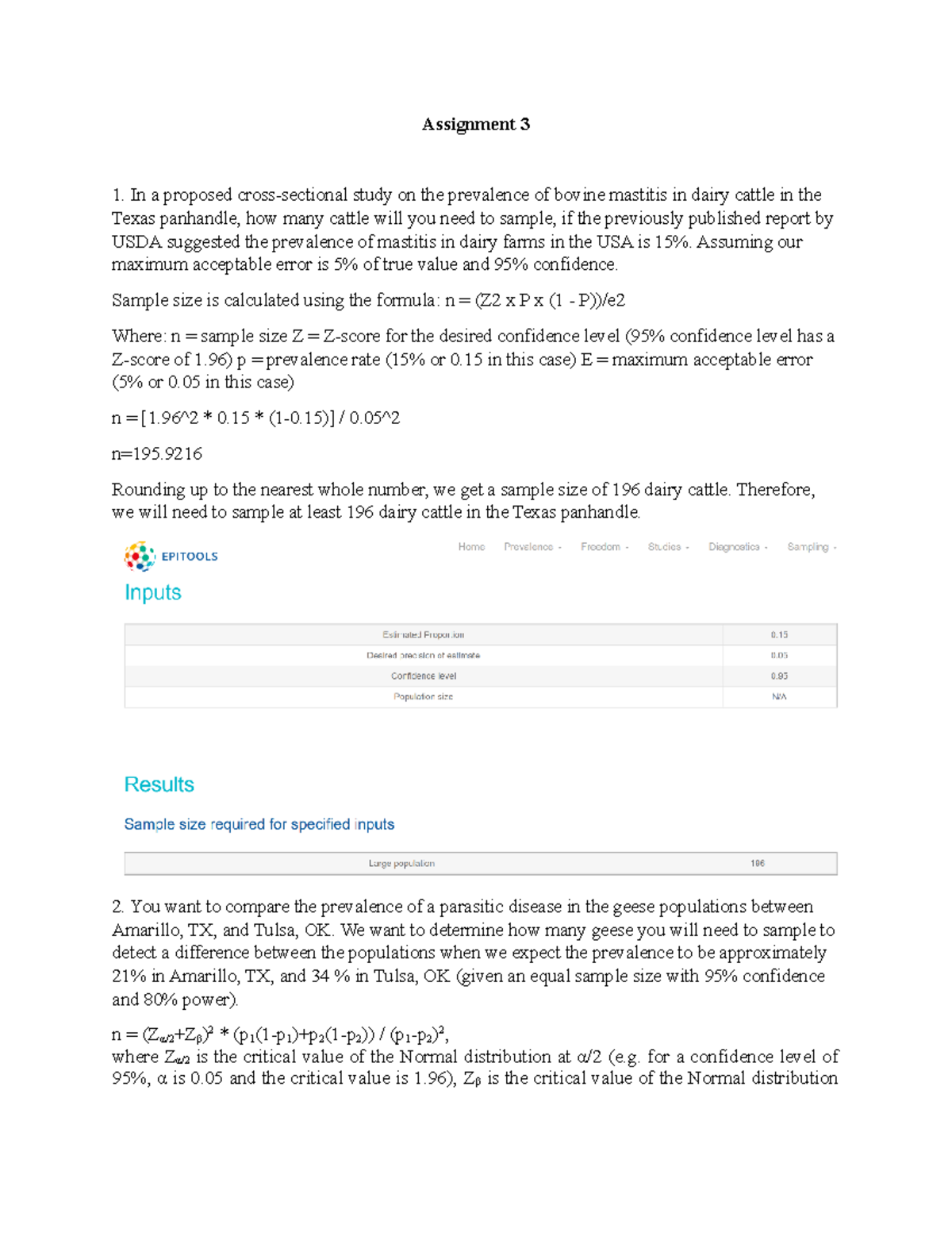 Sample size calculation using epidemiology tools - Assignment 3 In a ...