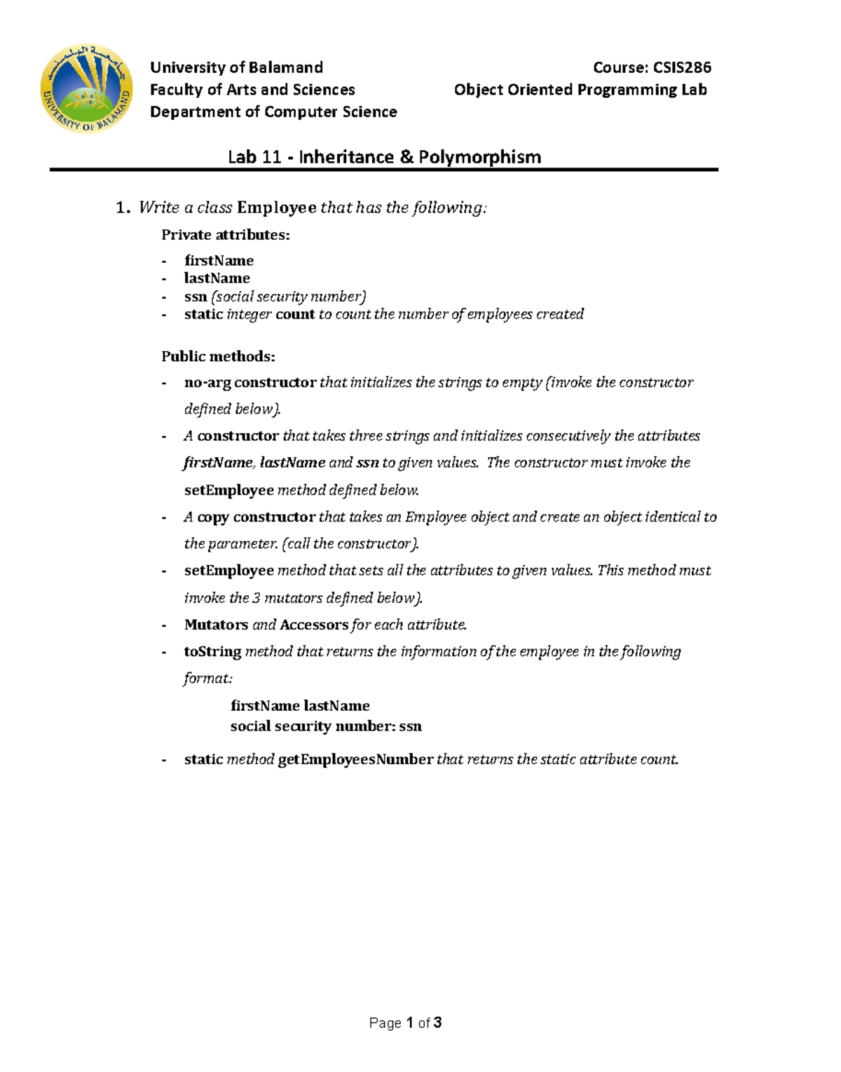 Lab11 - inheritance - University of Balamand Faculty of Arts and Sciences Department of Computer ...