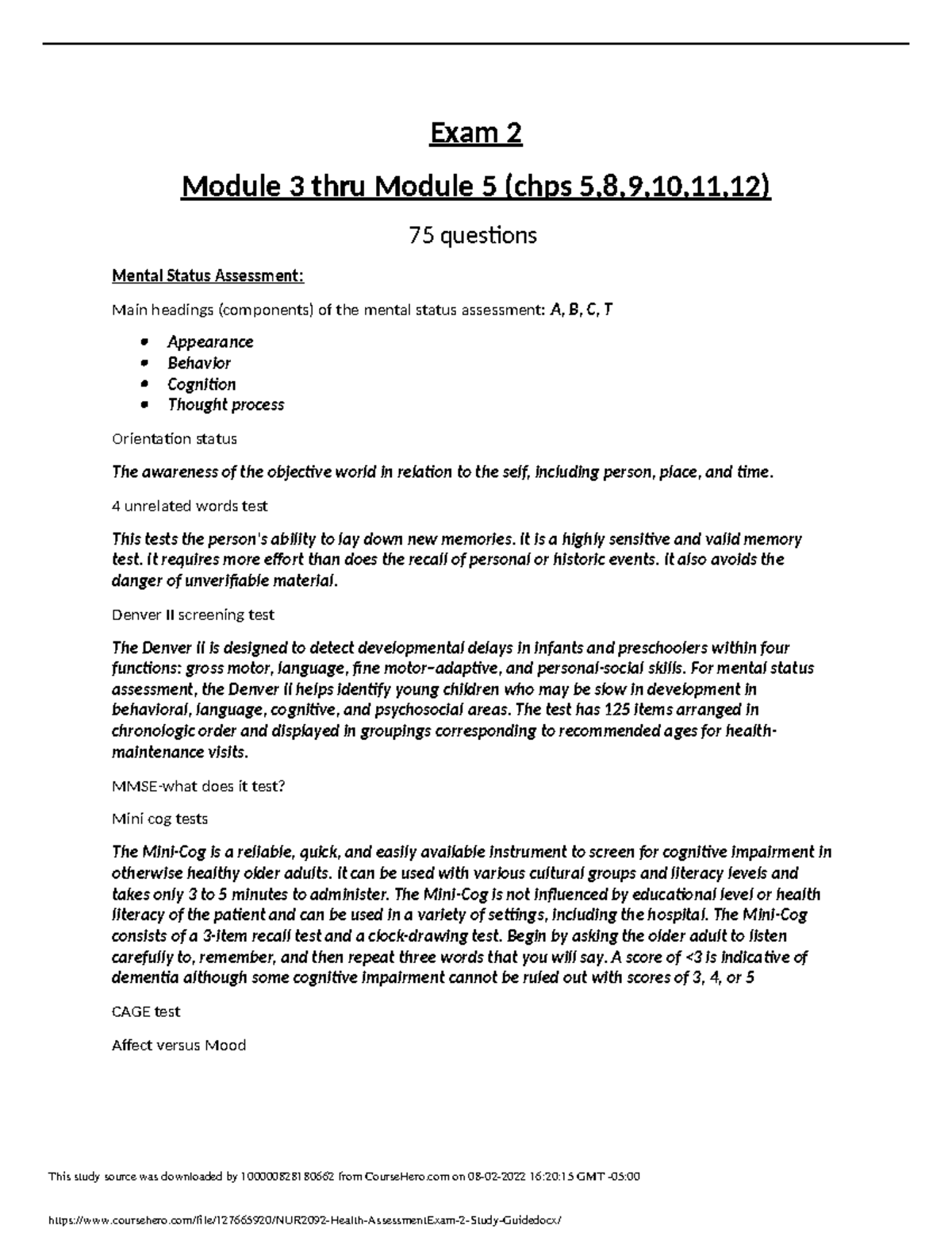 NUR2092 Health Assessment Exam 2 Study Guide - Exam 2 Module 3 thru ...