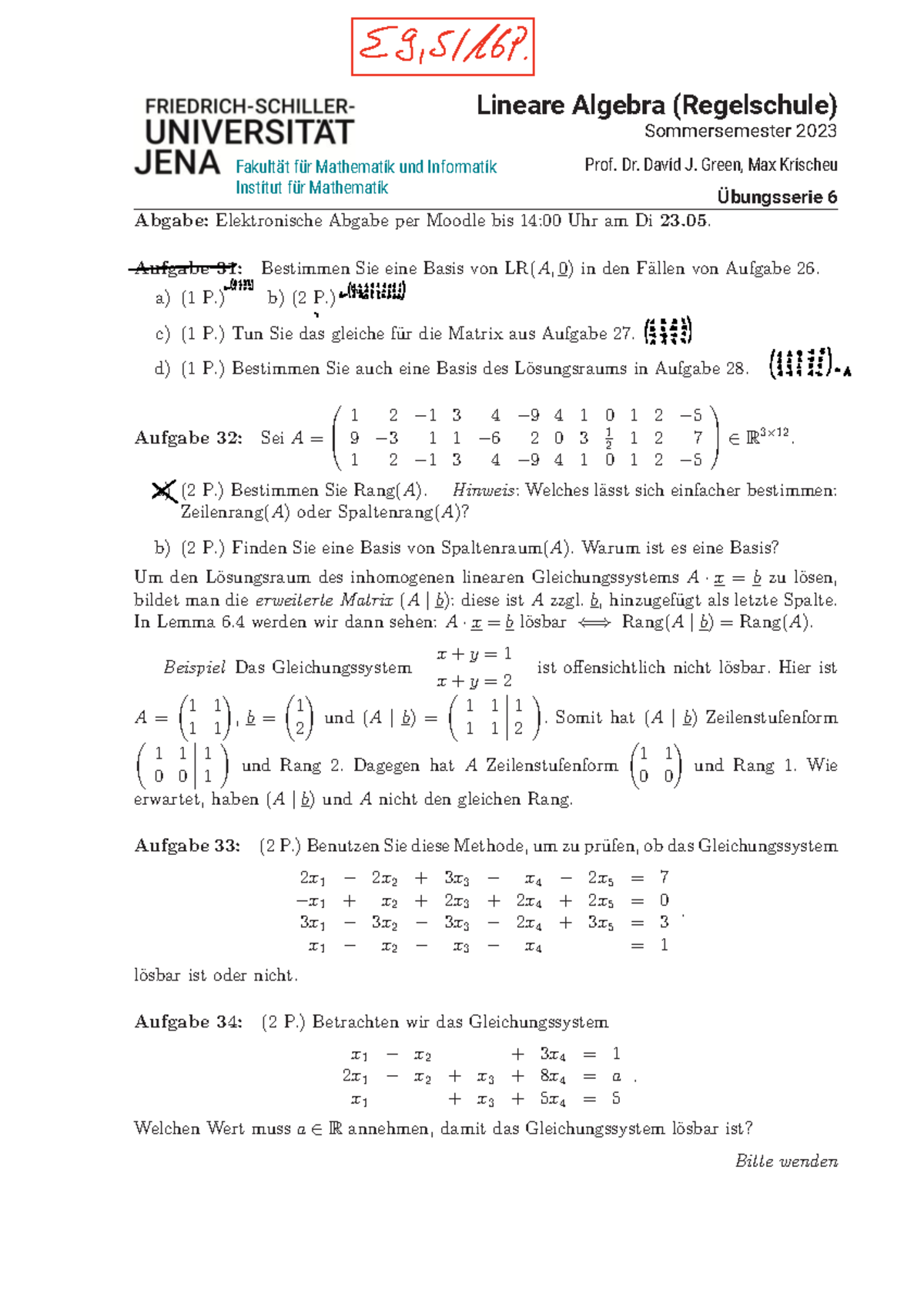 6. ÜS Lösung - Fakultät für Mathematik und Informatik Institut für Mathematik Lineare Algebra ...