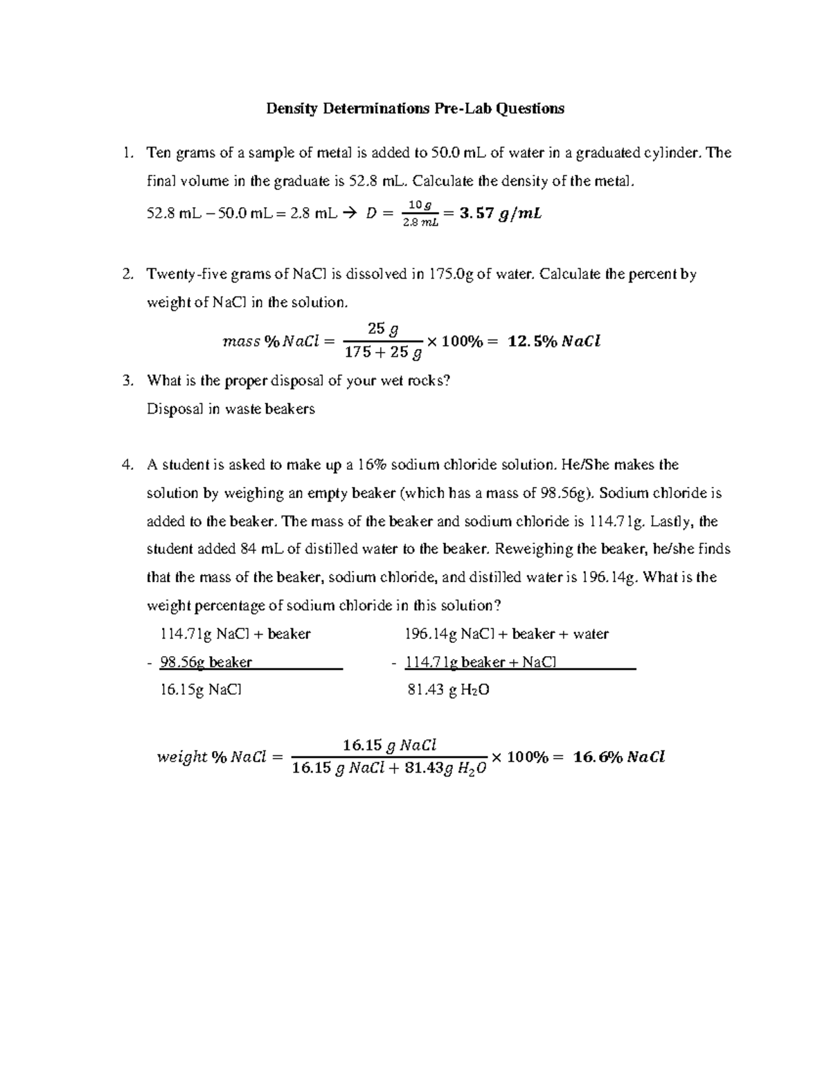 Density Determination Pre-Lab Questions - The final volume in the ...