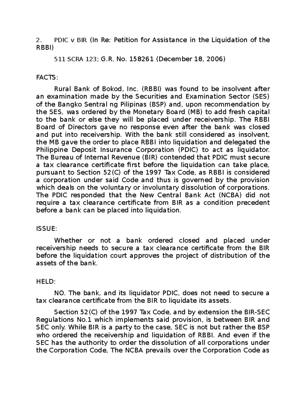 PDIC vs BIR - Digest - PDIC v BIR (In Re: Petition for Assistance in ...