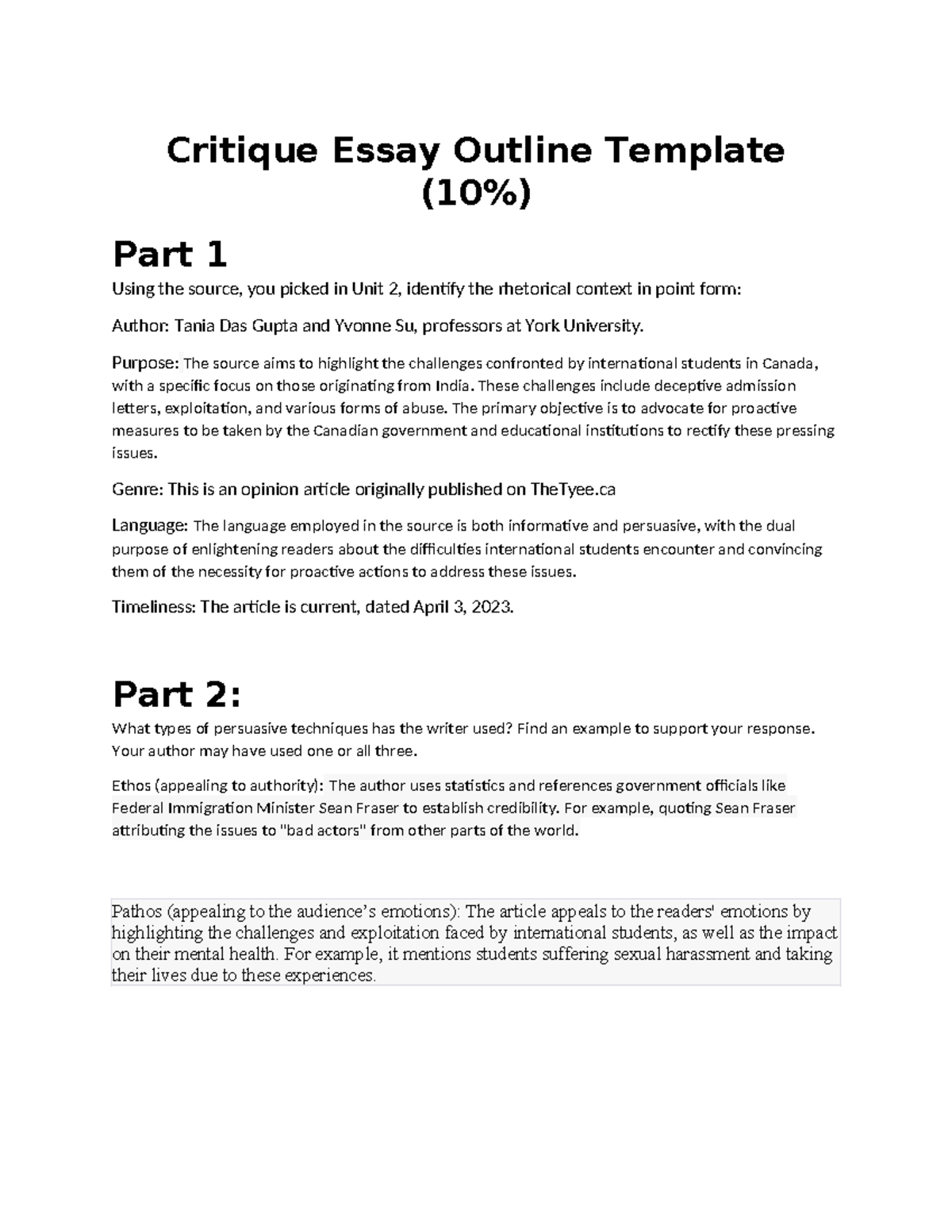Deep Outline eassy S - Critique Essay Outline Template (10%) Part 1 ...