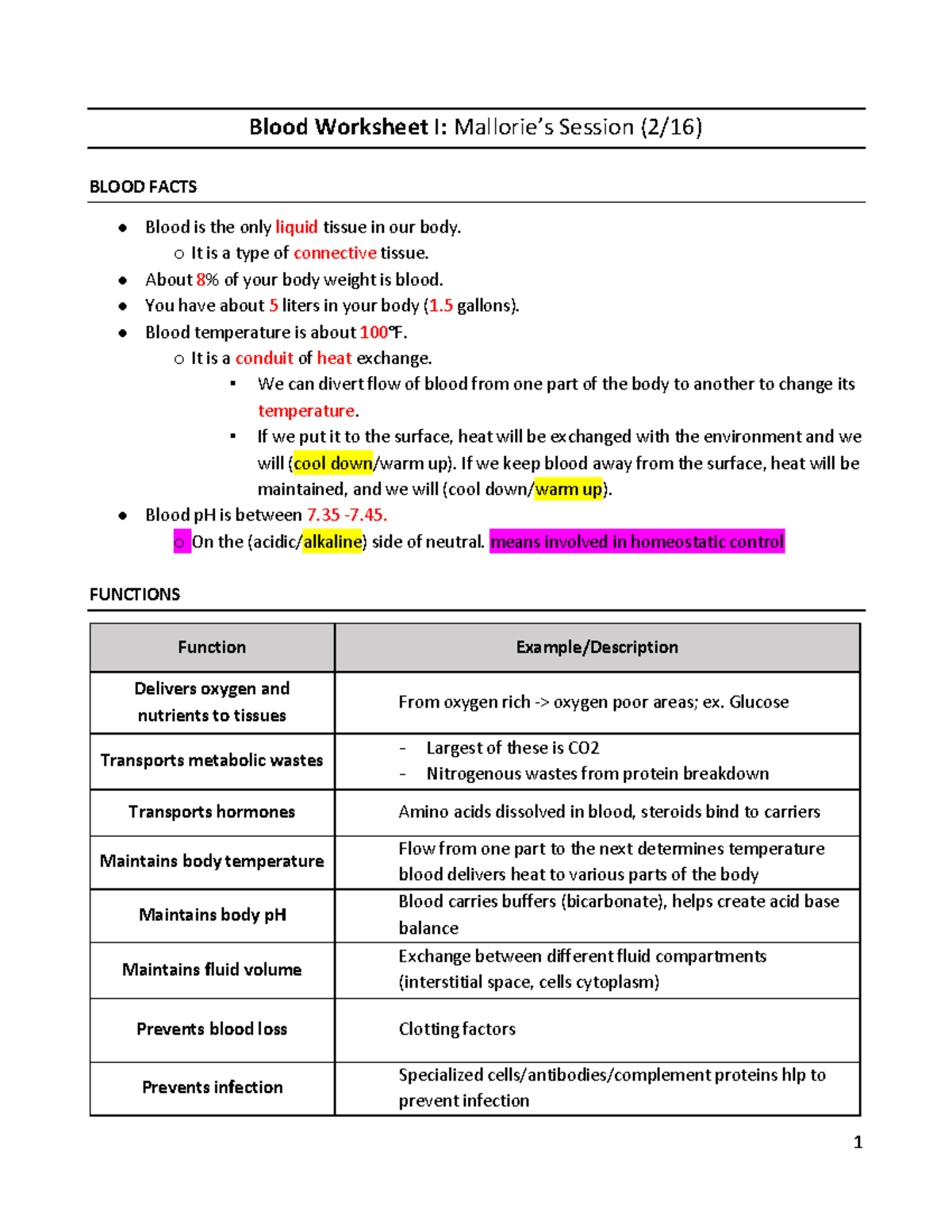 Blood Worksheet I-1 - o It is a type of connective tissue. About 8 % of ...