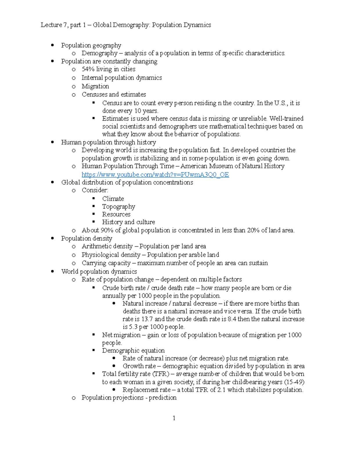Lecture 7 p1 Global Demography Population Dynamics outline - Lecture 7 ...