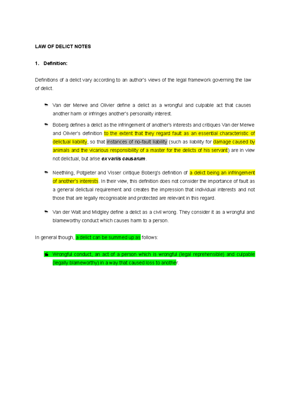 Delict Notes - LAW OF DELICT NOTES Definition: Definitions of a delict ...