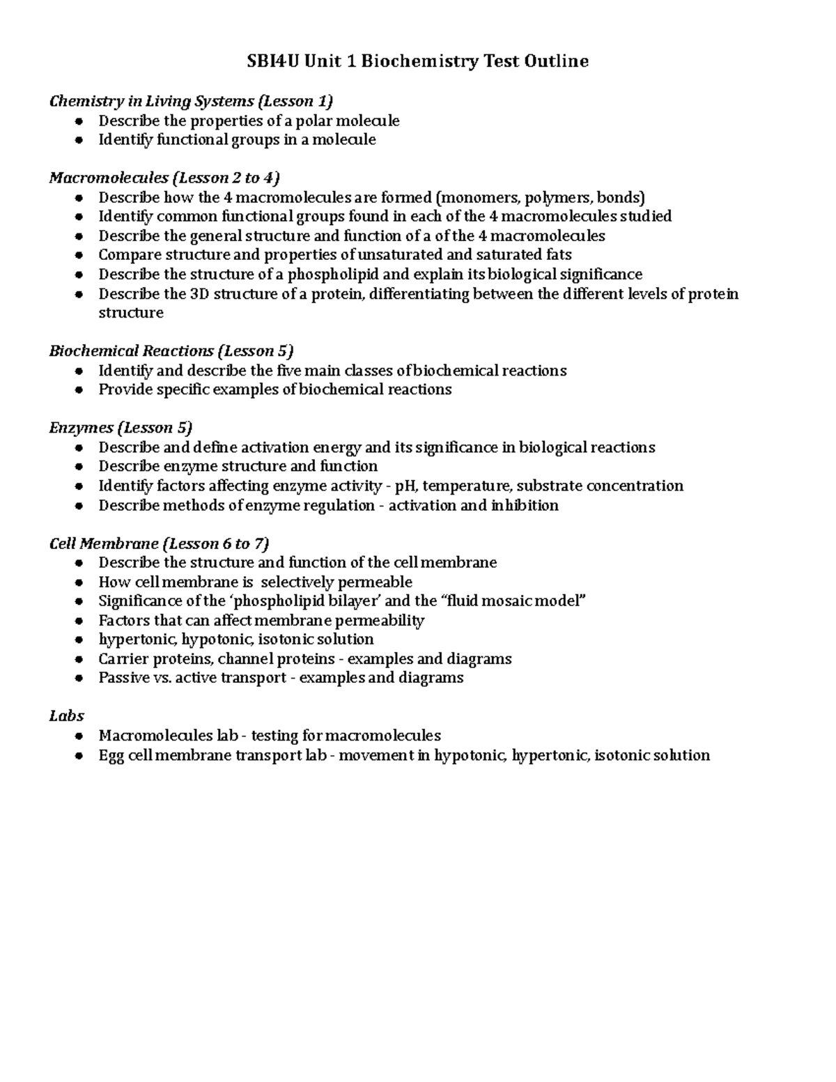 Biochem Review - SBI4U Unit 1 Biochemistry Test Outline Chemistry in ...