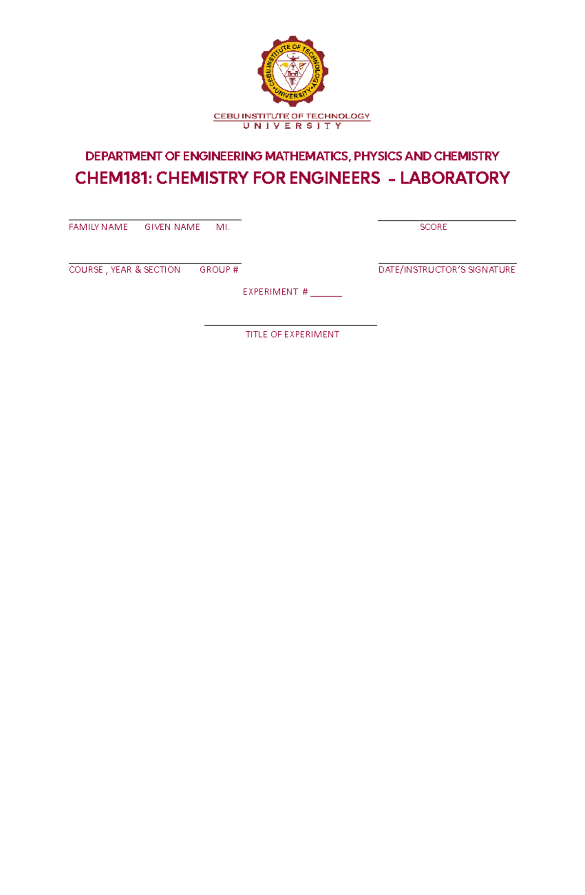 CHEM181 Cover Page - Format - Civil Engineering - DEPARTMENT OF ...