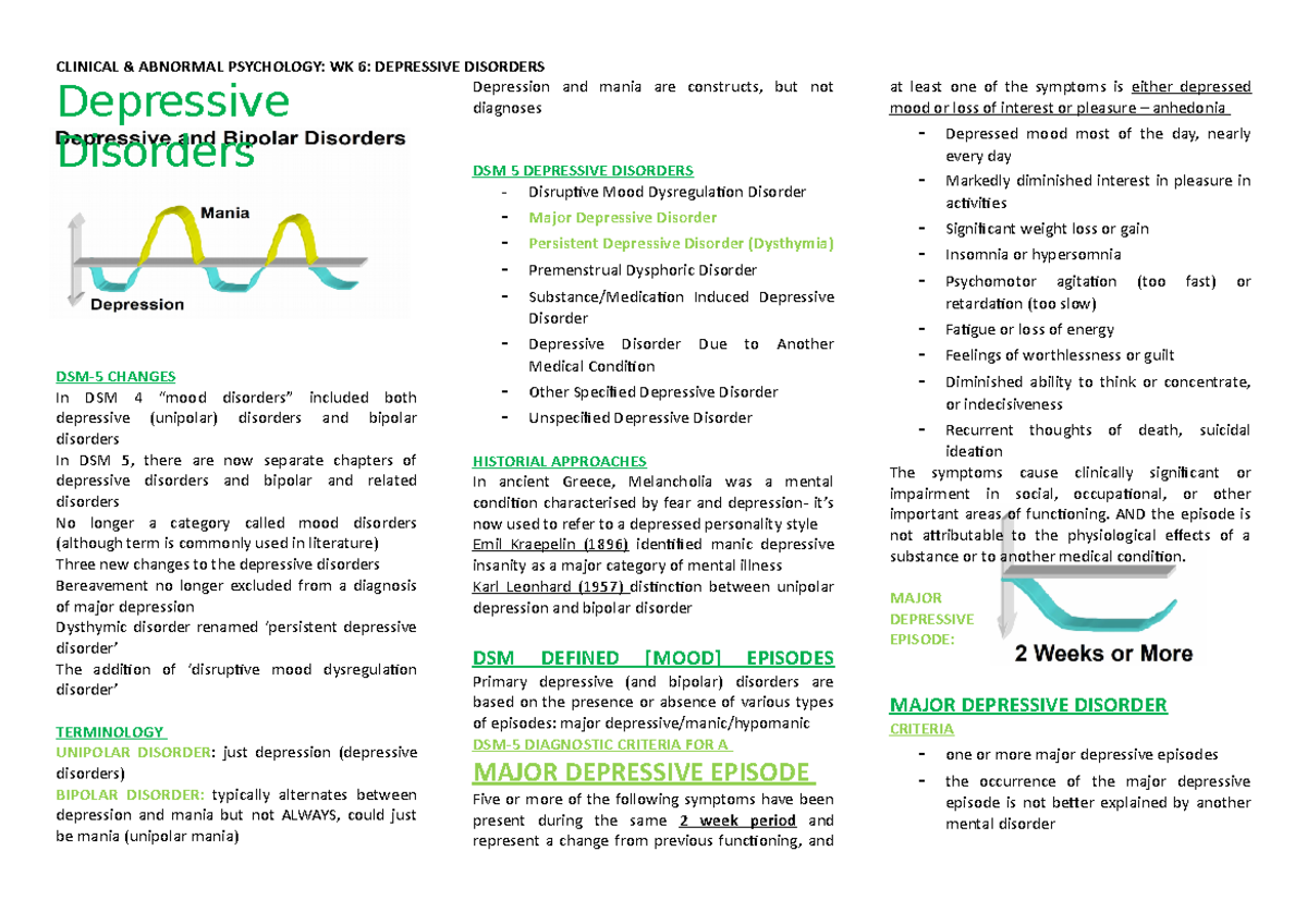 Week 6 - Depressive Disorders - Depressive Disorders DSM-5 CHANGES In ...