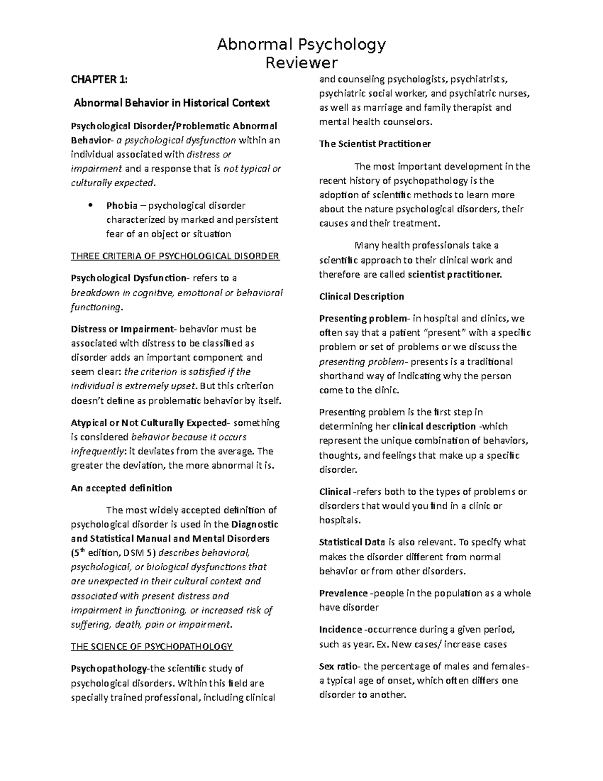 Abnormal Psych- Chapter 1 - Reviewer CHAPTER 1: Abnormal Behavior in ...