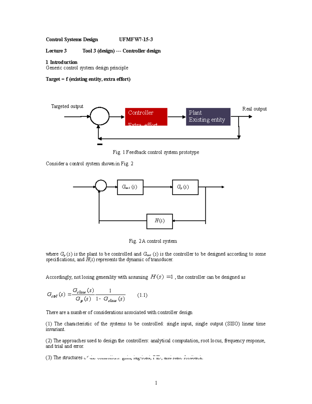 Lec 3 Controller Design Control Systems Design Ufmfw7 15 Lecture 3 Tool 3 Design