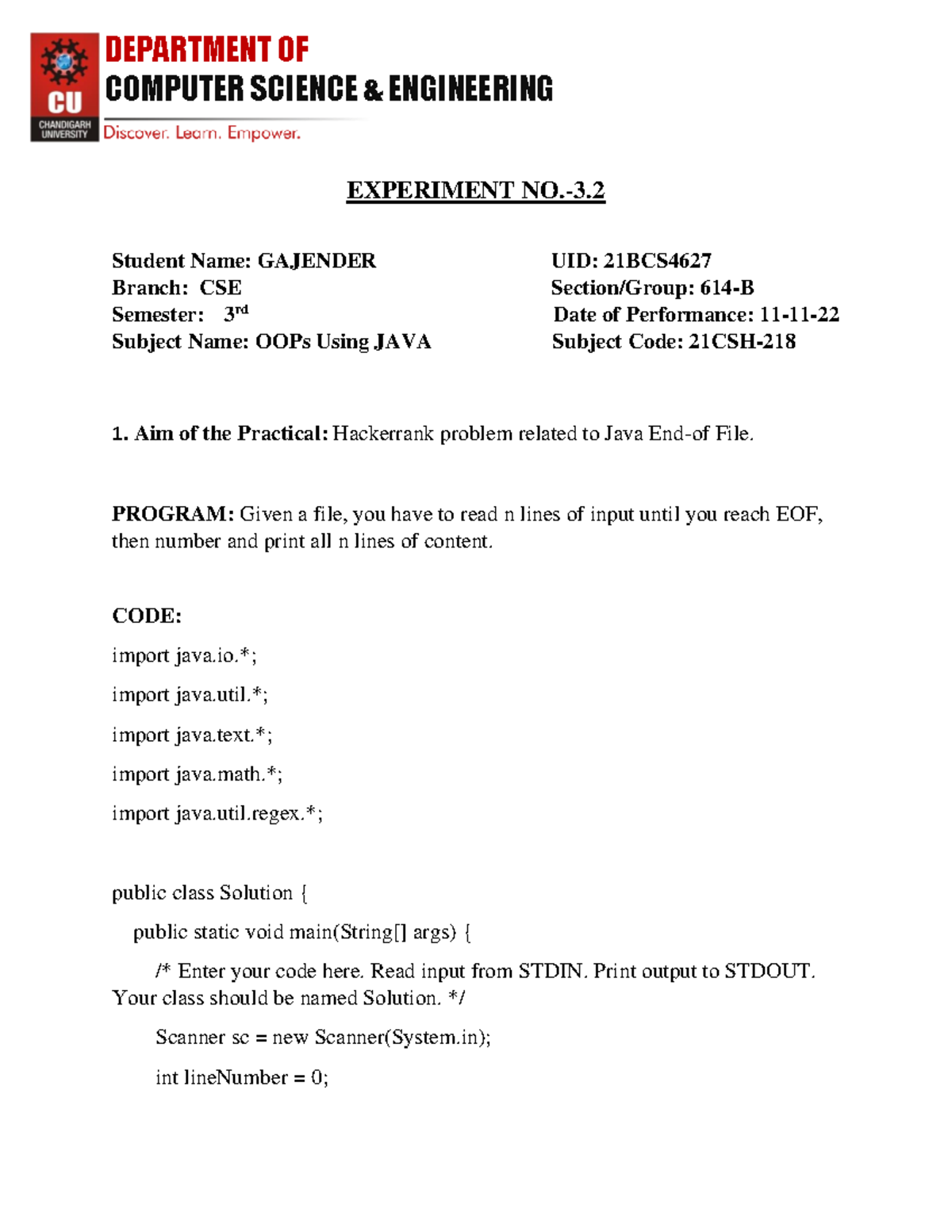 EXP-3 - ...... - DEPARTMENT OF COMPUTER SCIENCE & ENGINEERING EXPERIMENT NO.-3. Student Name ...