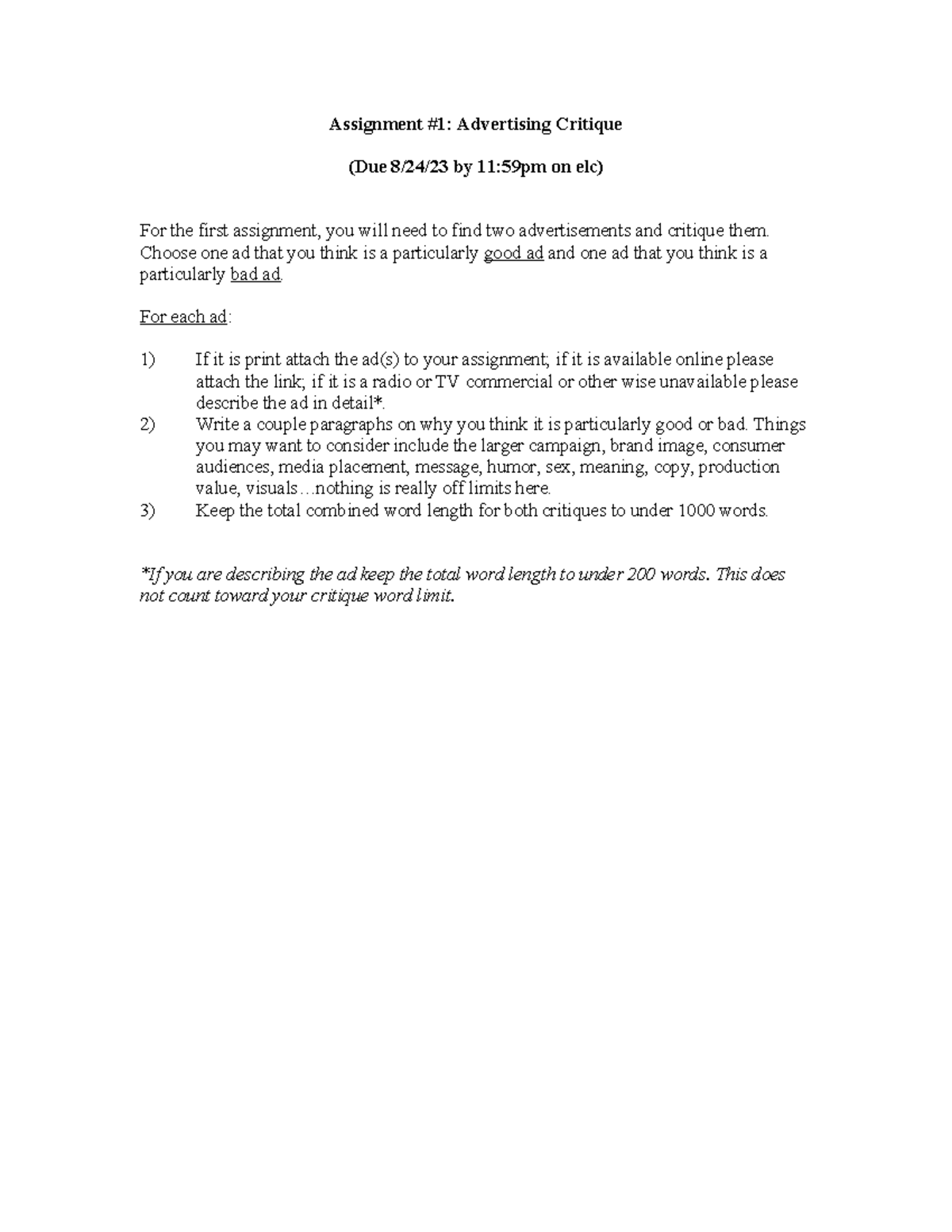 Assignment 1 Advertising Critique - Assignment #1: Advertising Critique ...