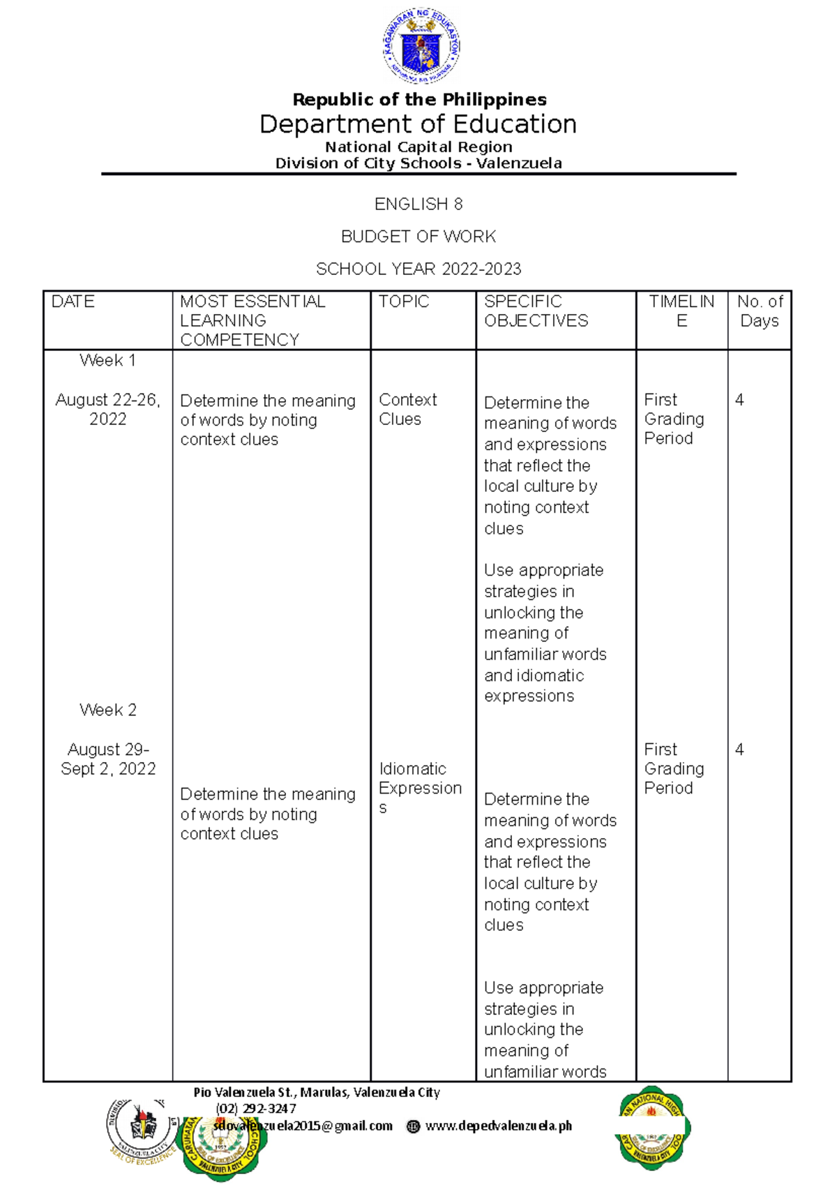 Budget OF WORK G8 2022 2023 - Department of Education National Capital ...