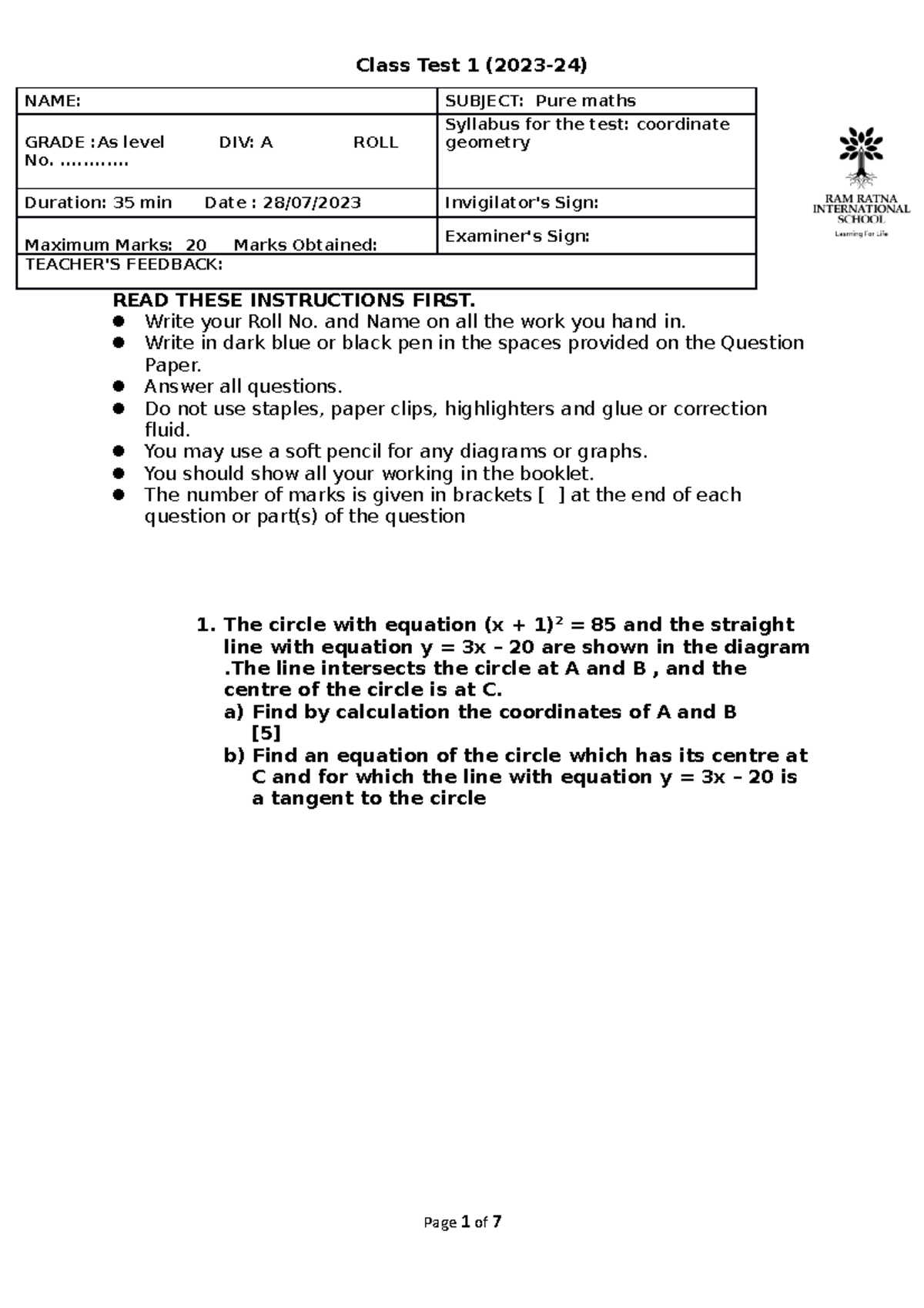 As cordinate geo - Maths Practice - Class Test 1 (2023-24) READ THESE ...