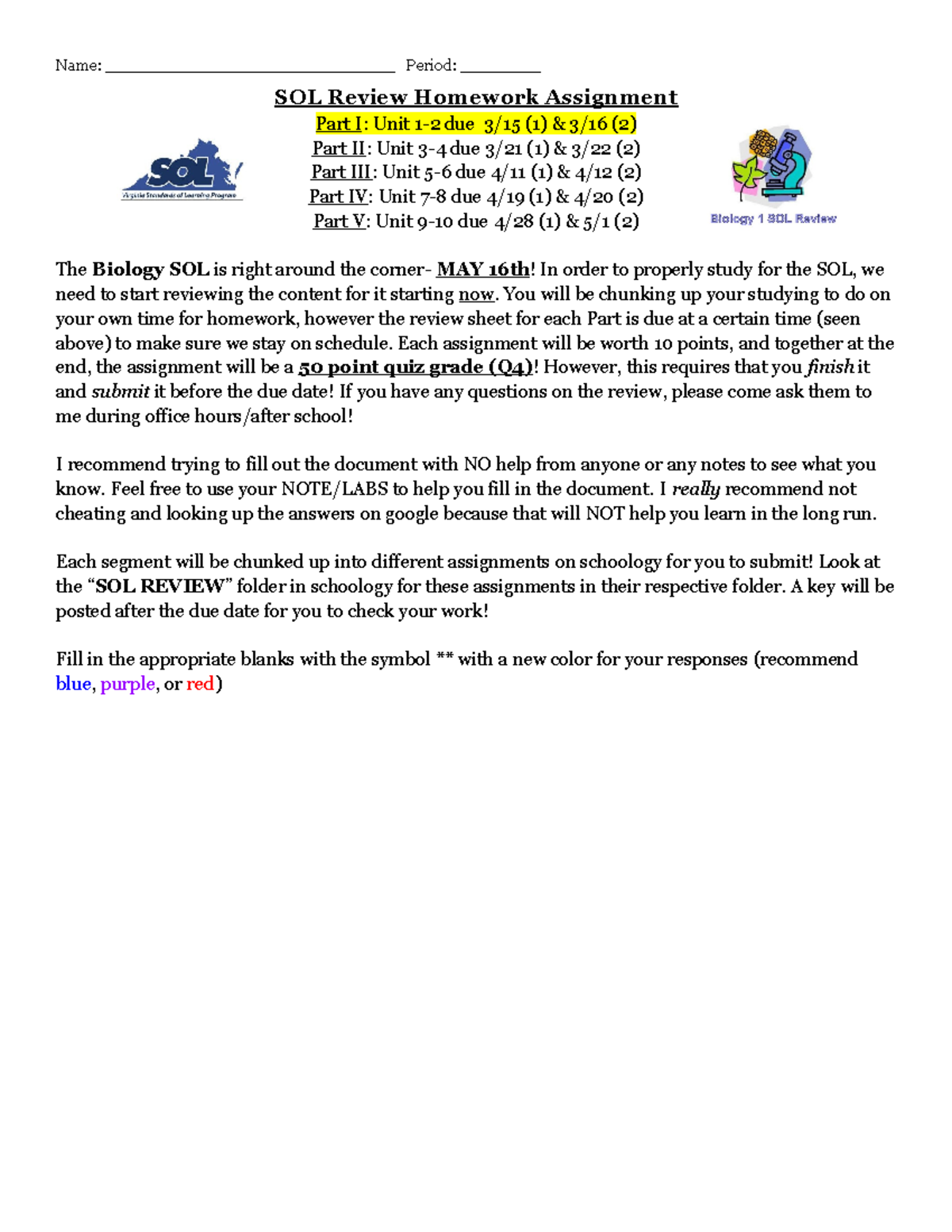 Sol Review: 1 out of 5 - Name: _____________________________ Period ...