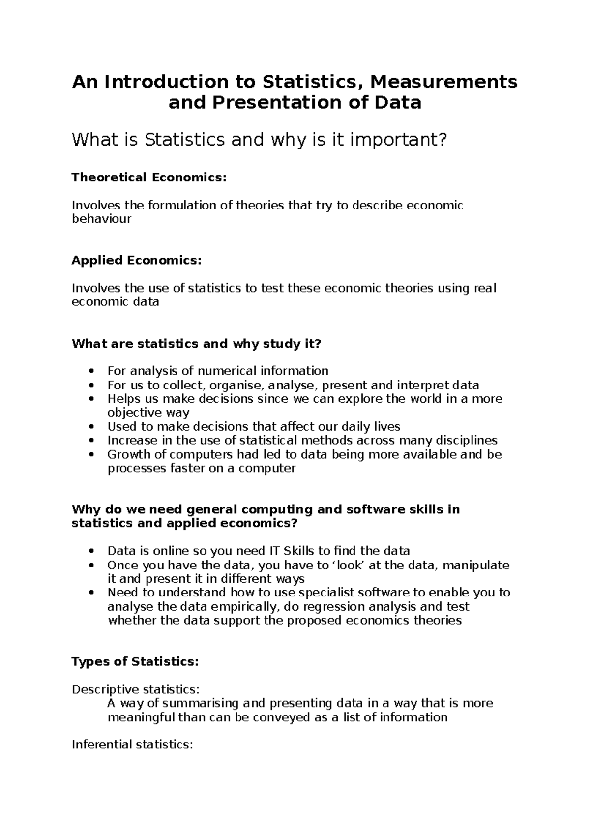 1 An Introduction to Statistics, Measurements and Presentation of Data ...