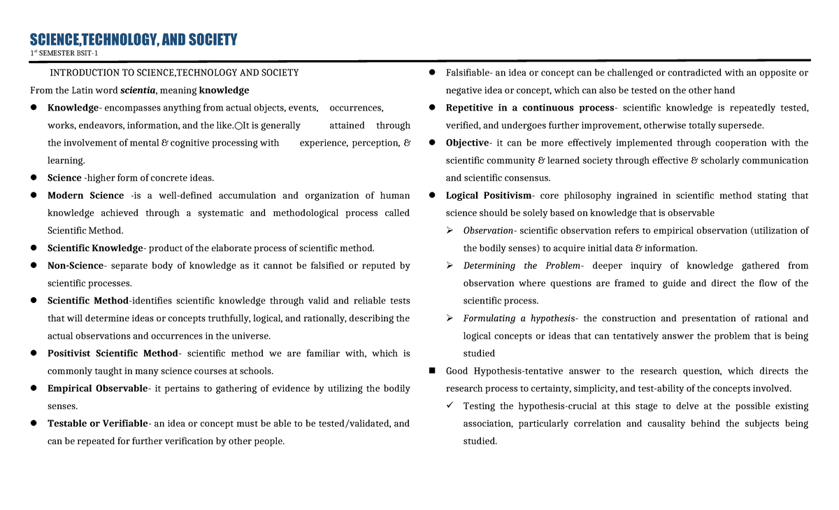 STS1 - STS LESSON QUATER - 1 st SEMESTER BSIT- INTRODUCTION TO SCIENCE ...
