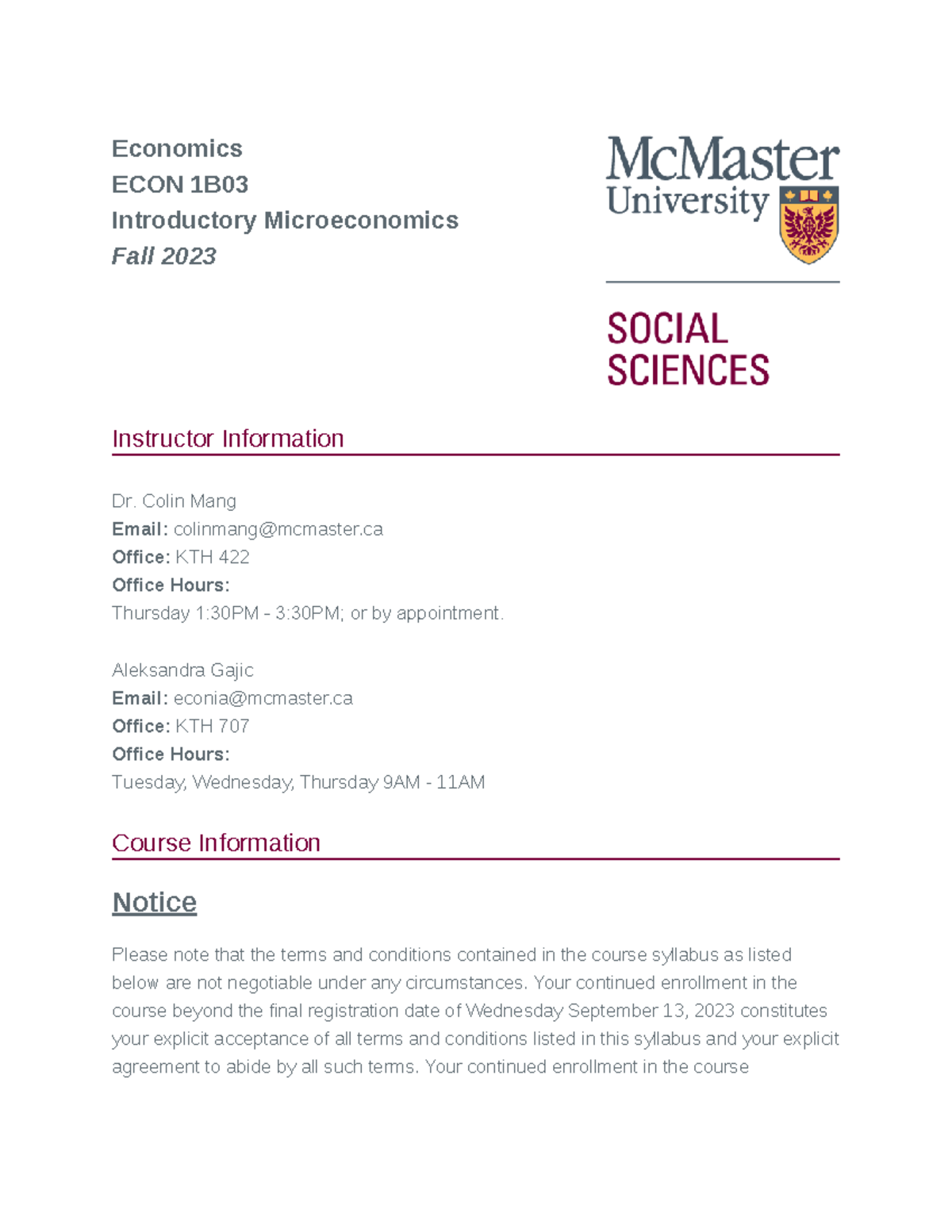 ECON 1B03 Course outline - Economics ECON 1B Introductory ...