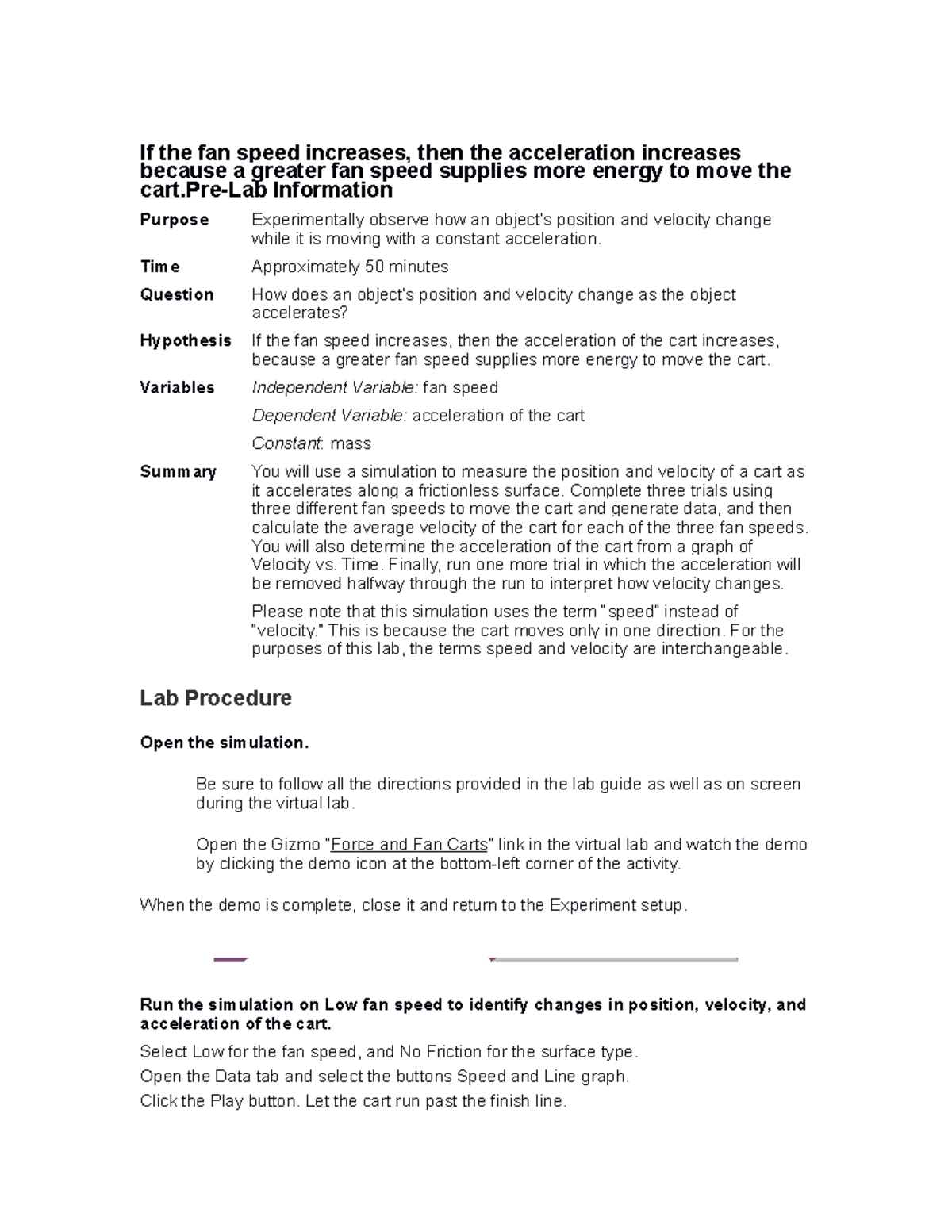 Virtual Lab Guide - Motion with Constant Acceleration- Student Guide ...