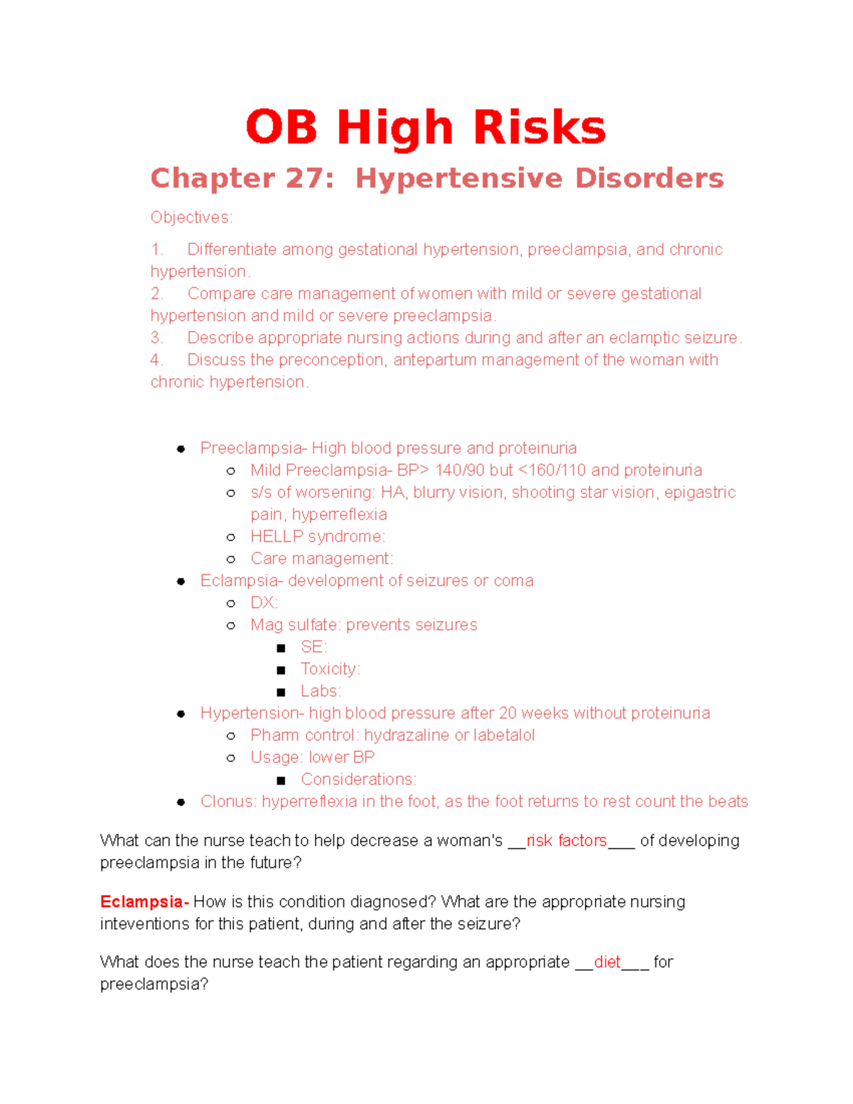 OB High Risk study guide - OB High Risks Chapter 27: Hypertensive ...