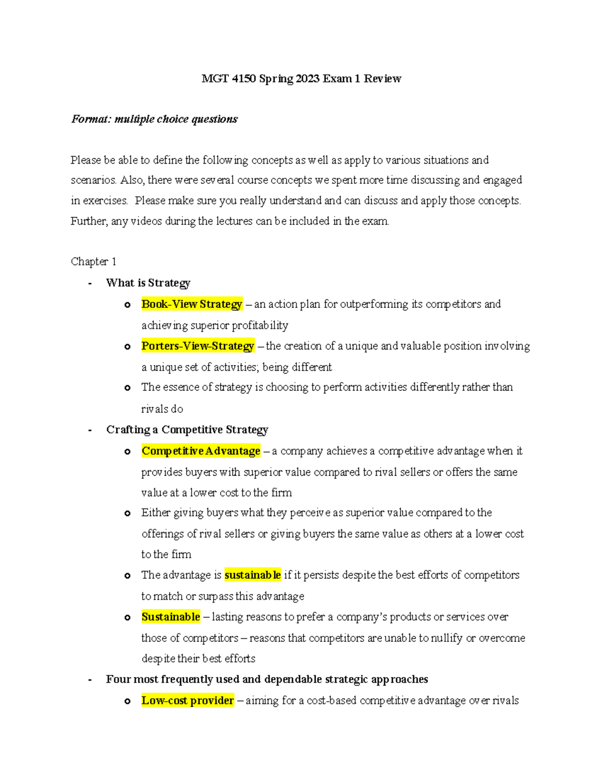 Exam 1 Review Spring 2023 - MGT 4150 Spring 2023 Exam 1 Review Format ...