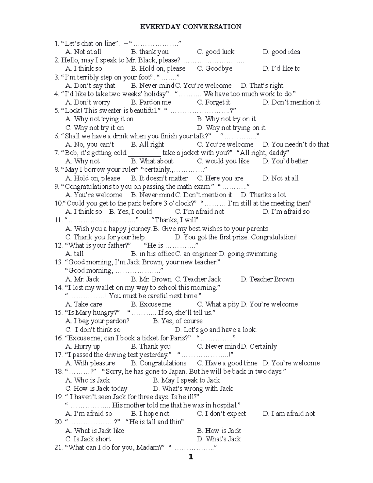 100 cau trac nghiem giao tiep co dap an - EVERYDAY CONVERSATION “Let’s ...