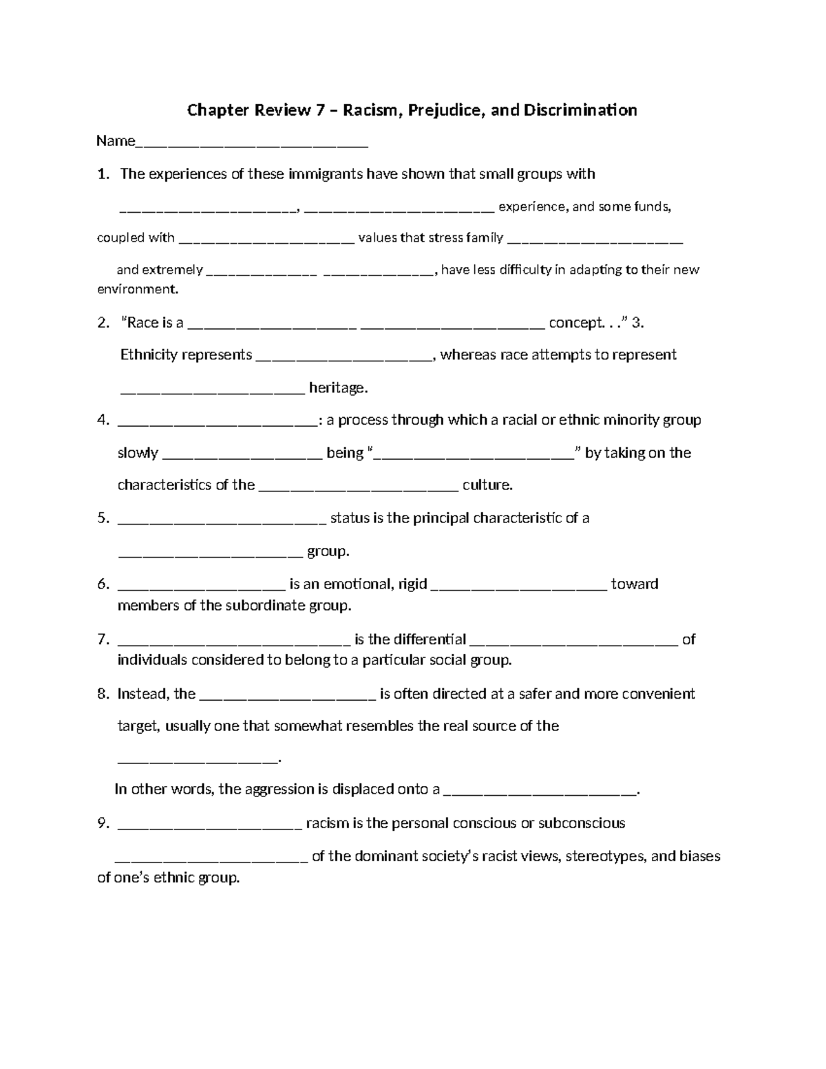 Chapter 7 Review Social Problems - Chapter Review 7 – Racism, Prejudice ...
