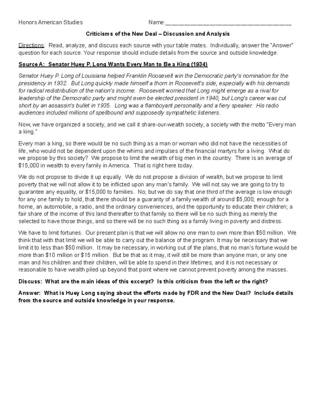 Criticisms of the New Deal - Source Analysis - Honors American Studies ...
