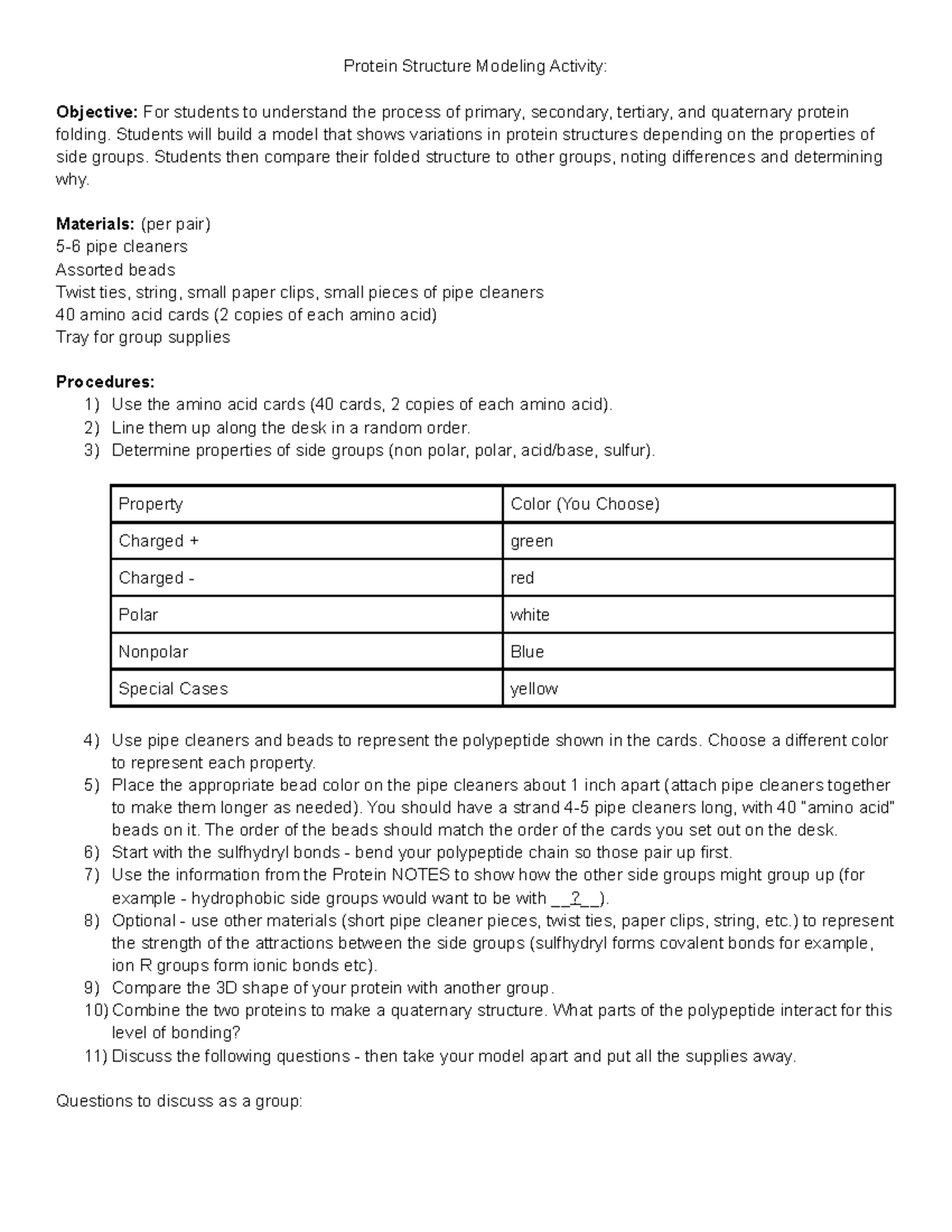 Copy of Protein Structure Modeling Activity - Protein Structure ...