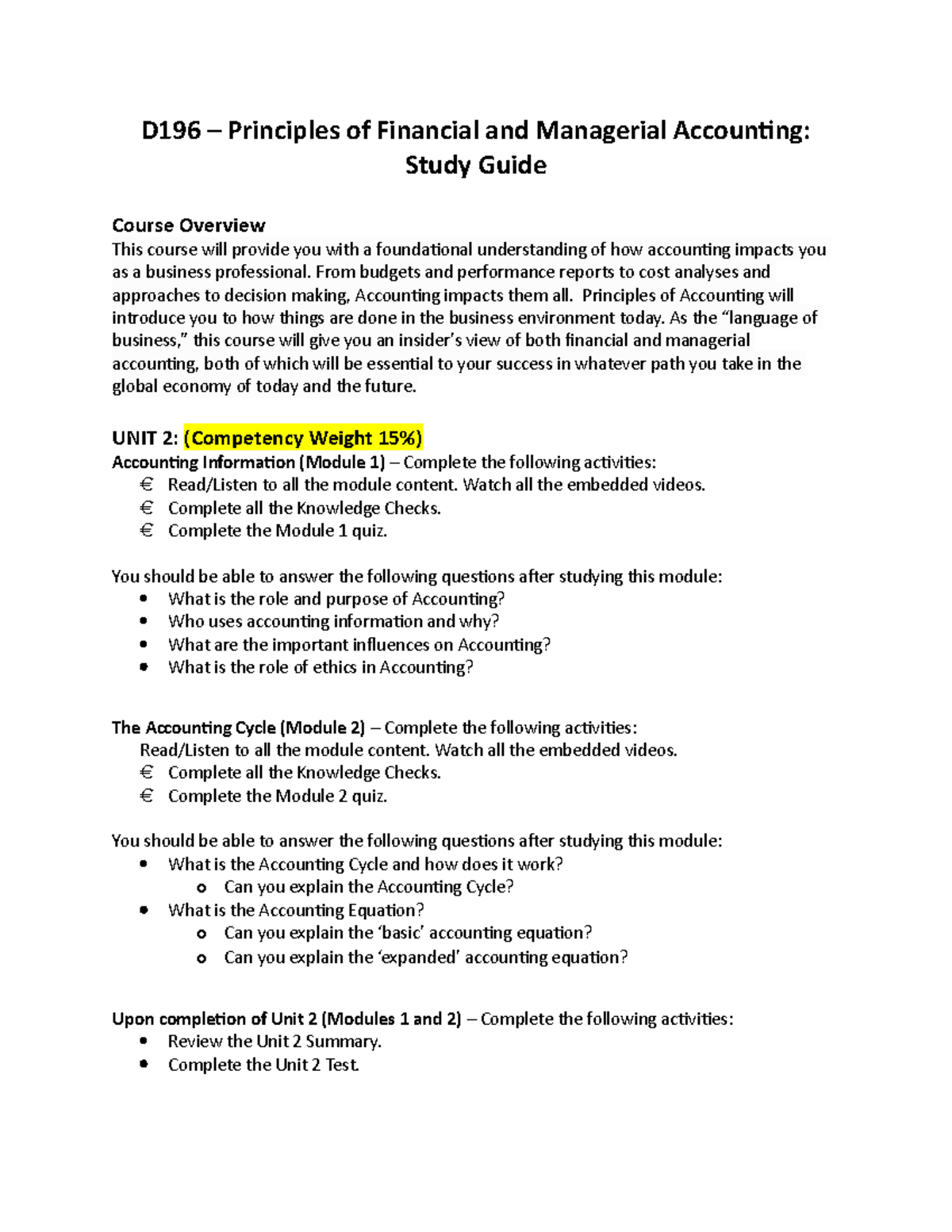 D196 Study Guide - homework - D196 – Principles of Financial and ...