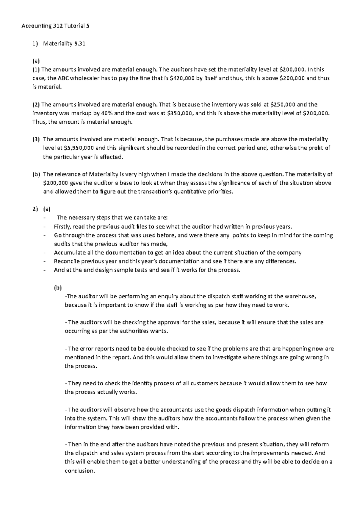 Tutorial 5 Practice Questions and answers - Accounting 312 Tutorial 5 ...