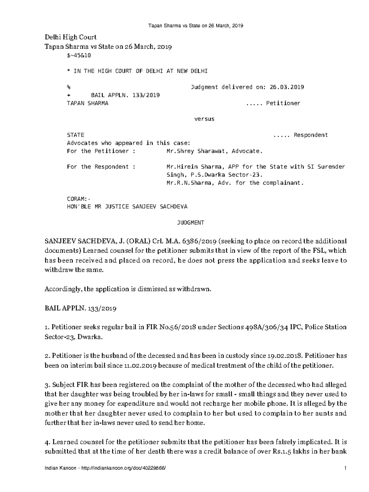 Tapan Sharma vs State on 26 March 2019 - Delhi High Court Tapan Sharma ...